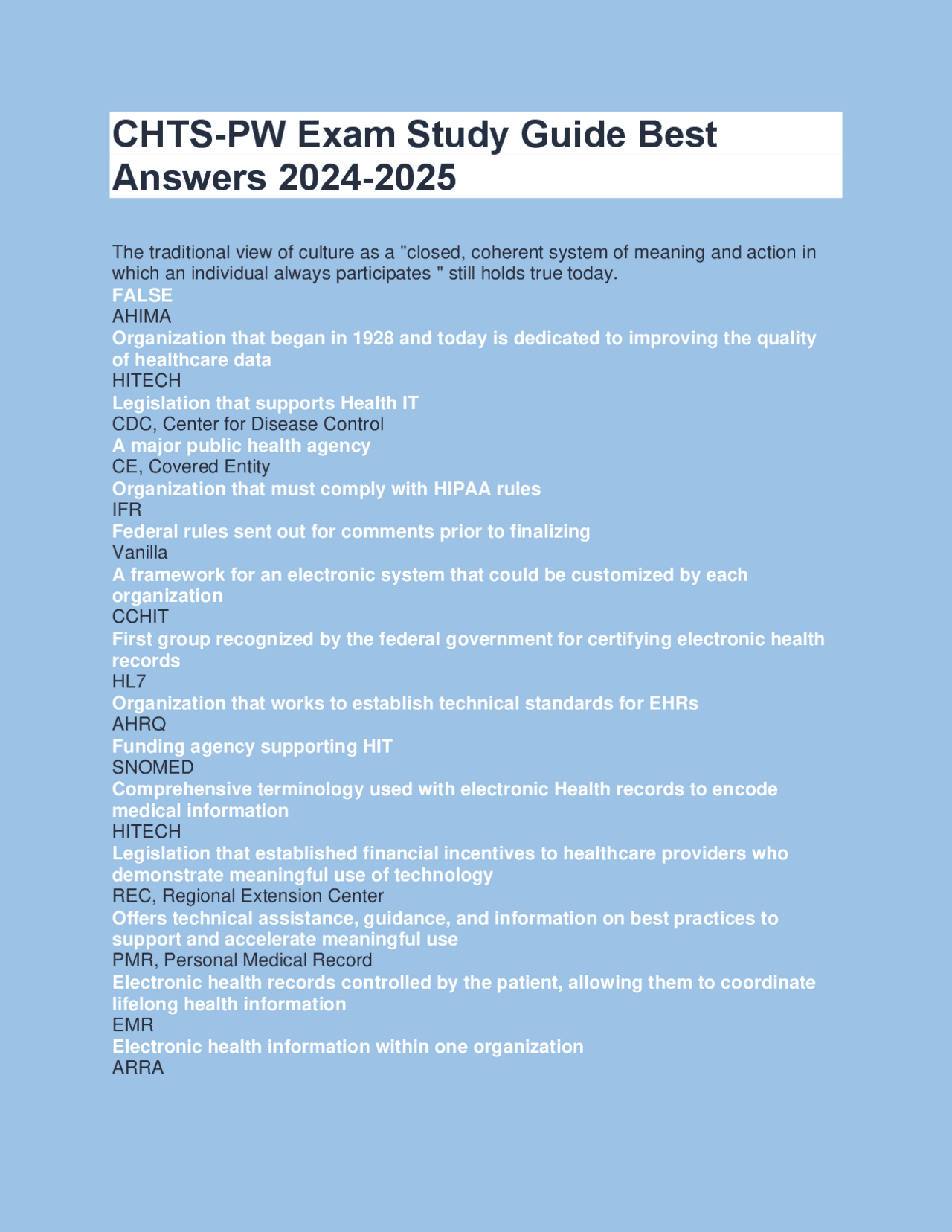 CHTS-PW Exam Study Guide Best Answers 2024-2025 | Exams Health sciences ...