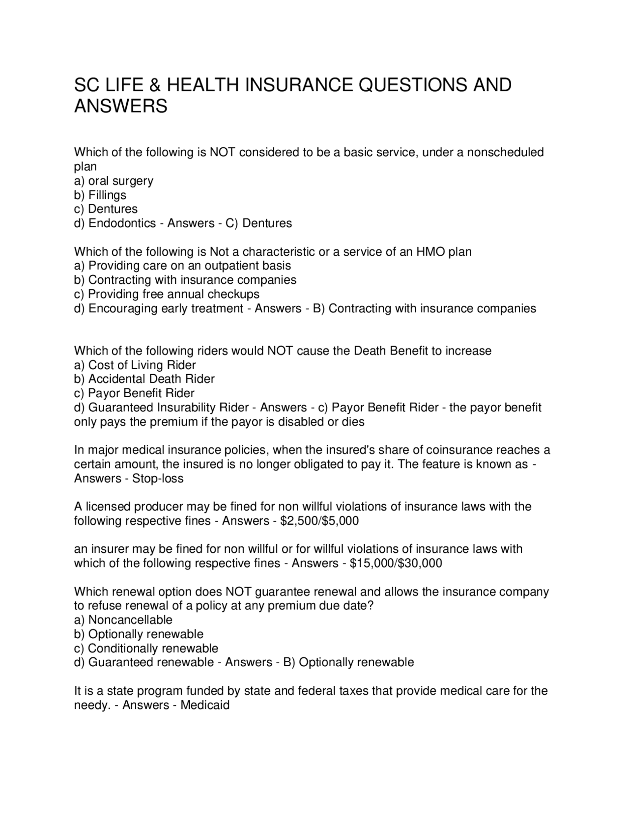 SC LIFE & HEALTH INSURANCE QUESTIONS AND ANSWERS | Exams Social ...