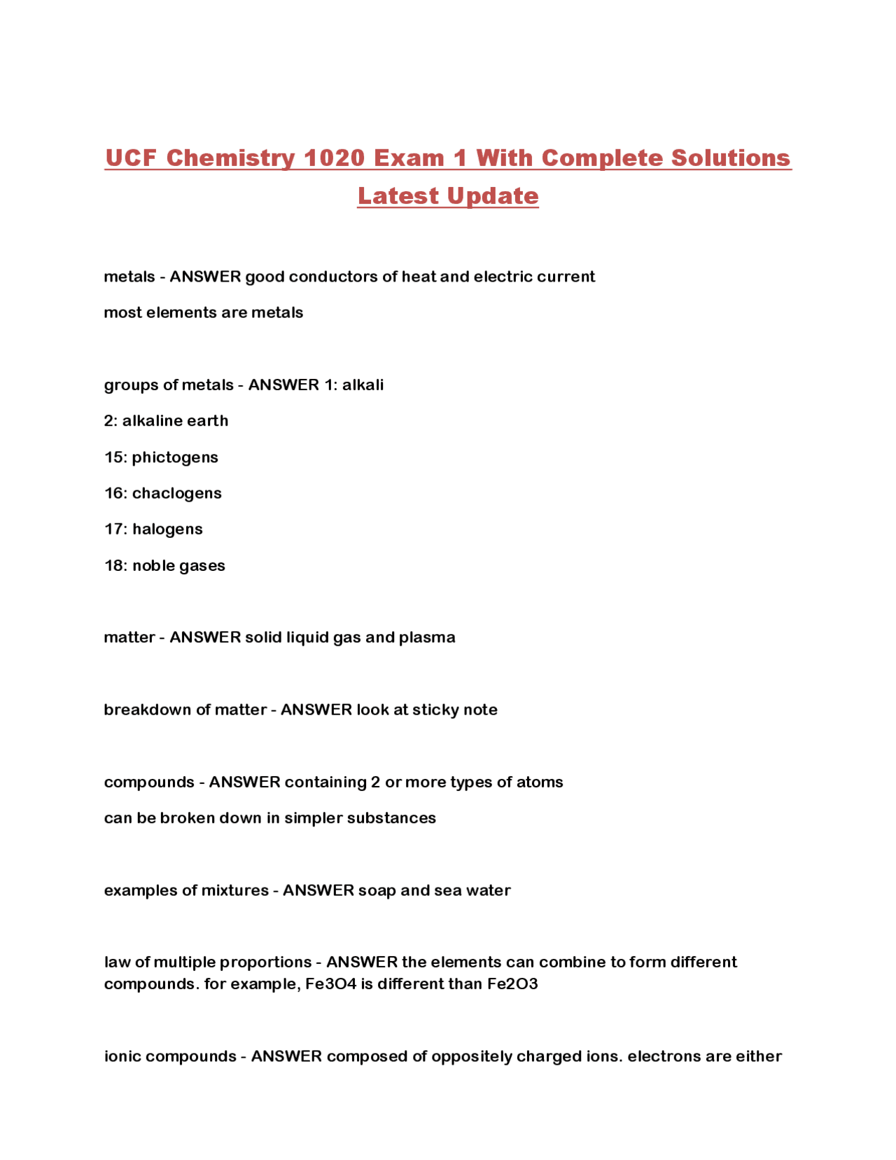 UCF Chemistry 1020 Exam 1 With Complete Solutions Latest Update | Exams ...