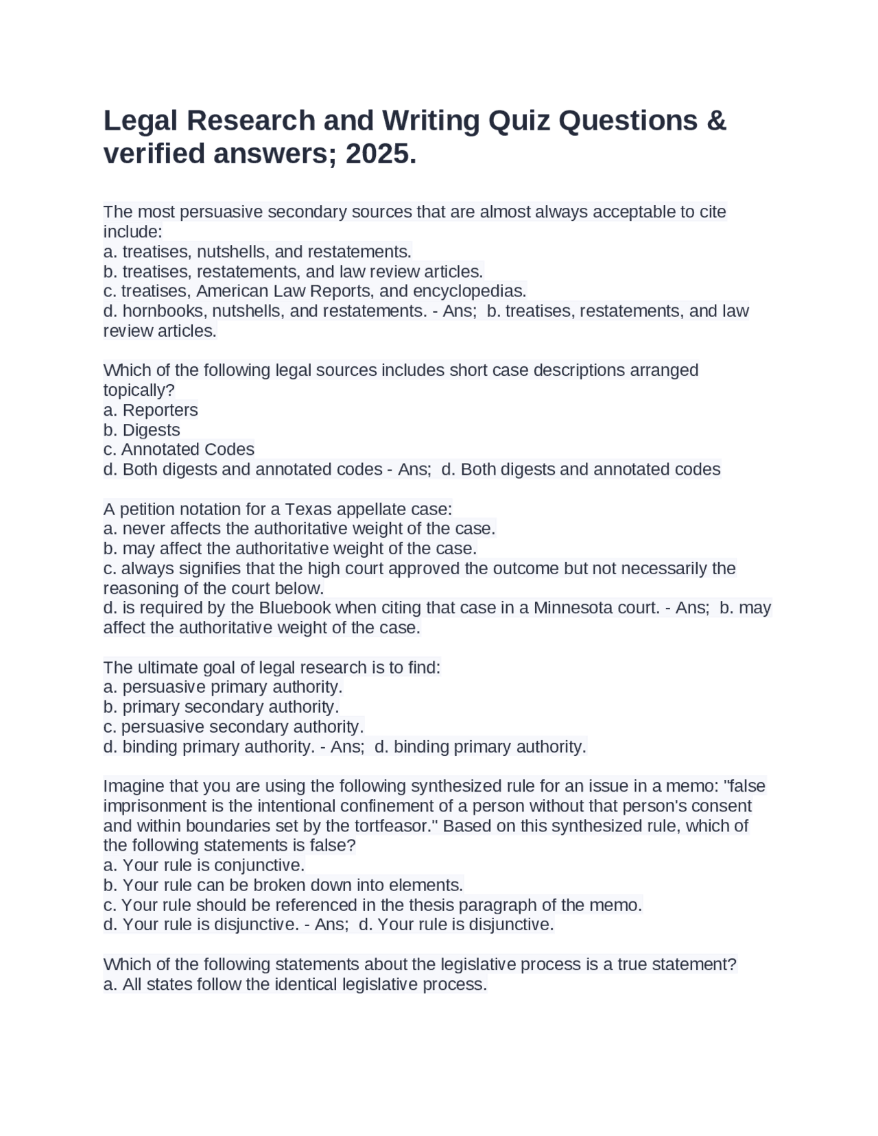 Legal Research and Writing Quiz Questions & verified answers; 2025 ...