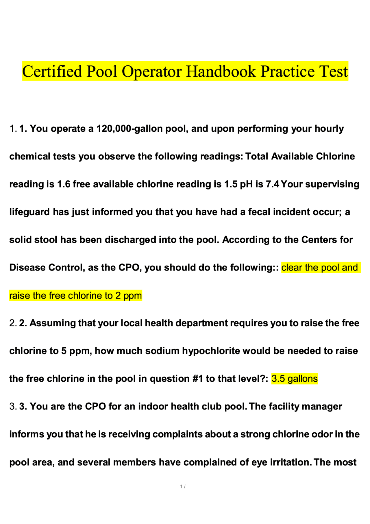 Certified Pool Operator Handbook Practice Test - 2024/2025 | Exams ...