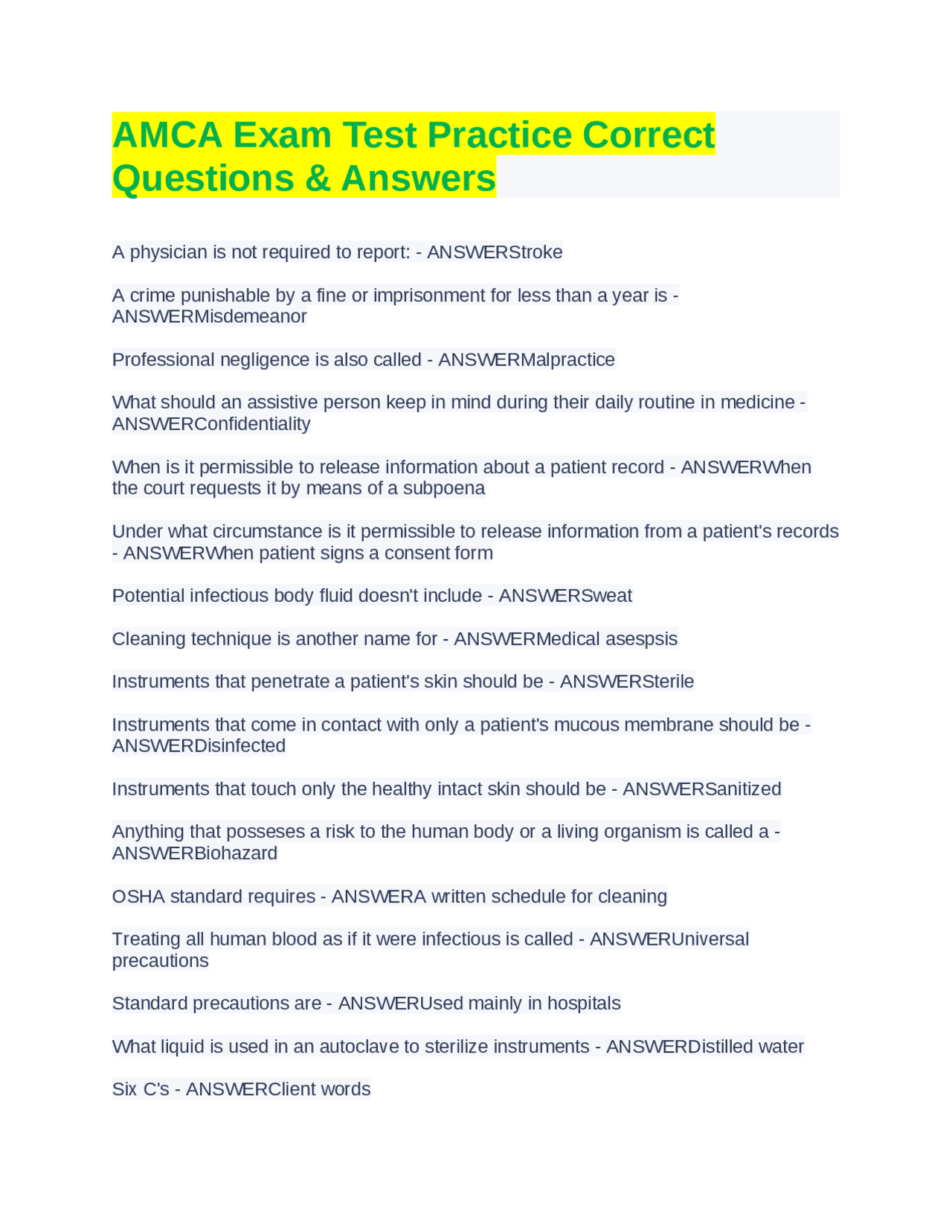 AMCA Exam Test Practice Correct Questions & Answers | Exams Business ...