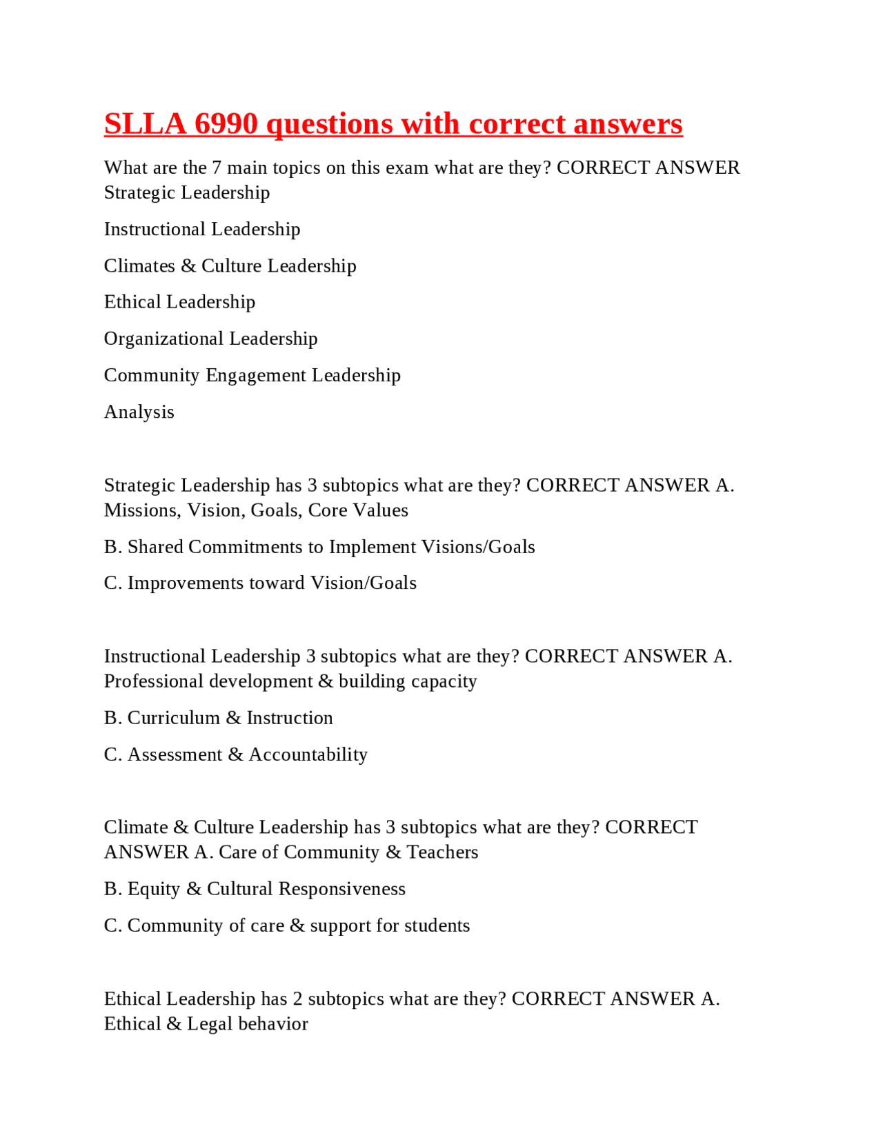 SLLA 6990 questions with correct answers | Exams Nursing | Docsity