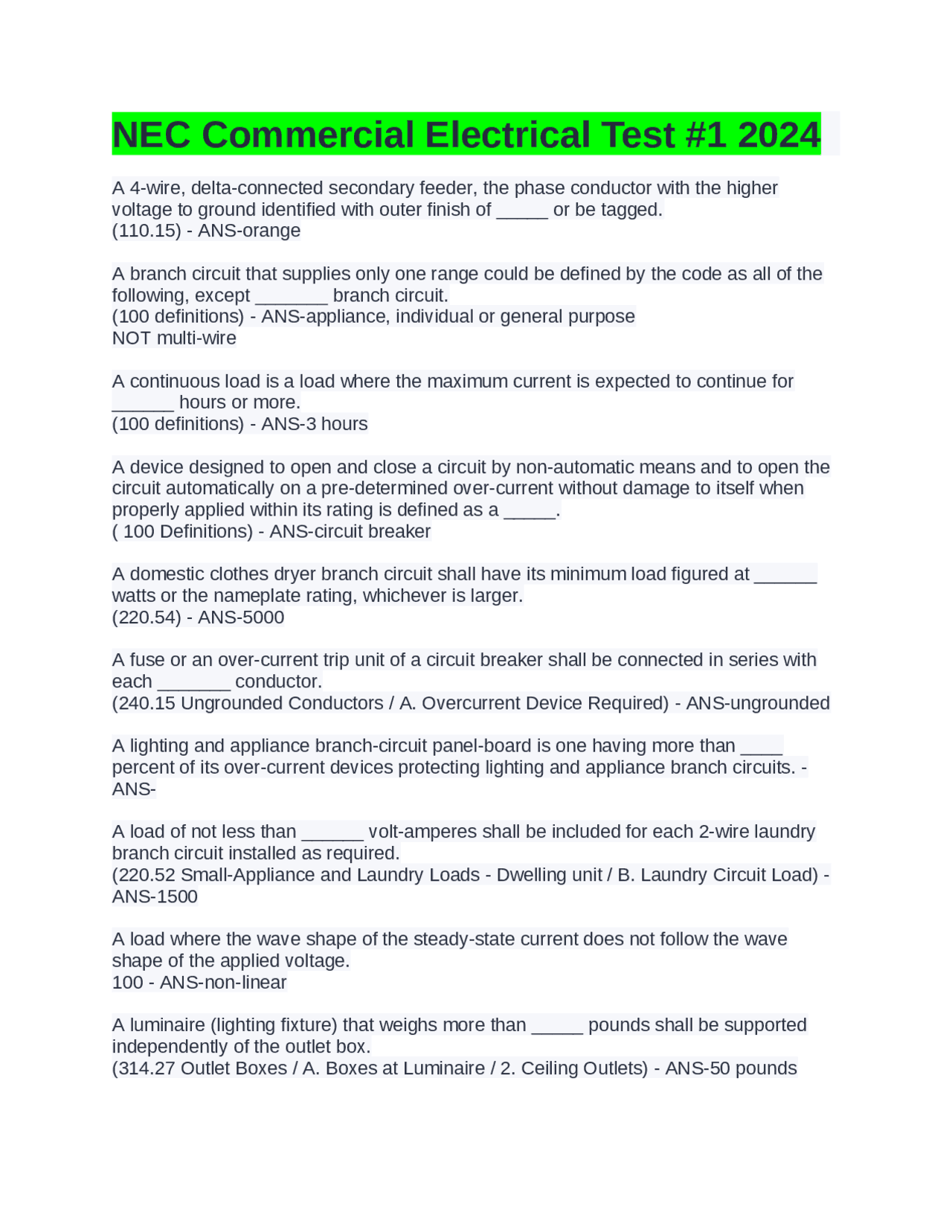 NEC Commercial Electrical Test #1 2024 | Exams Engineering | Docsity