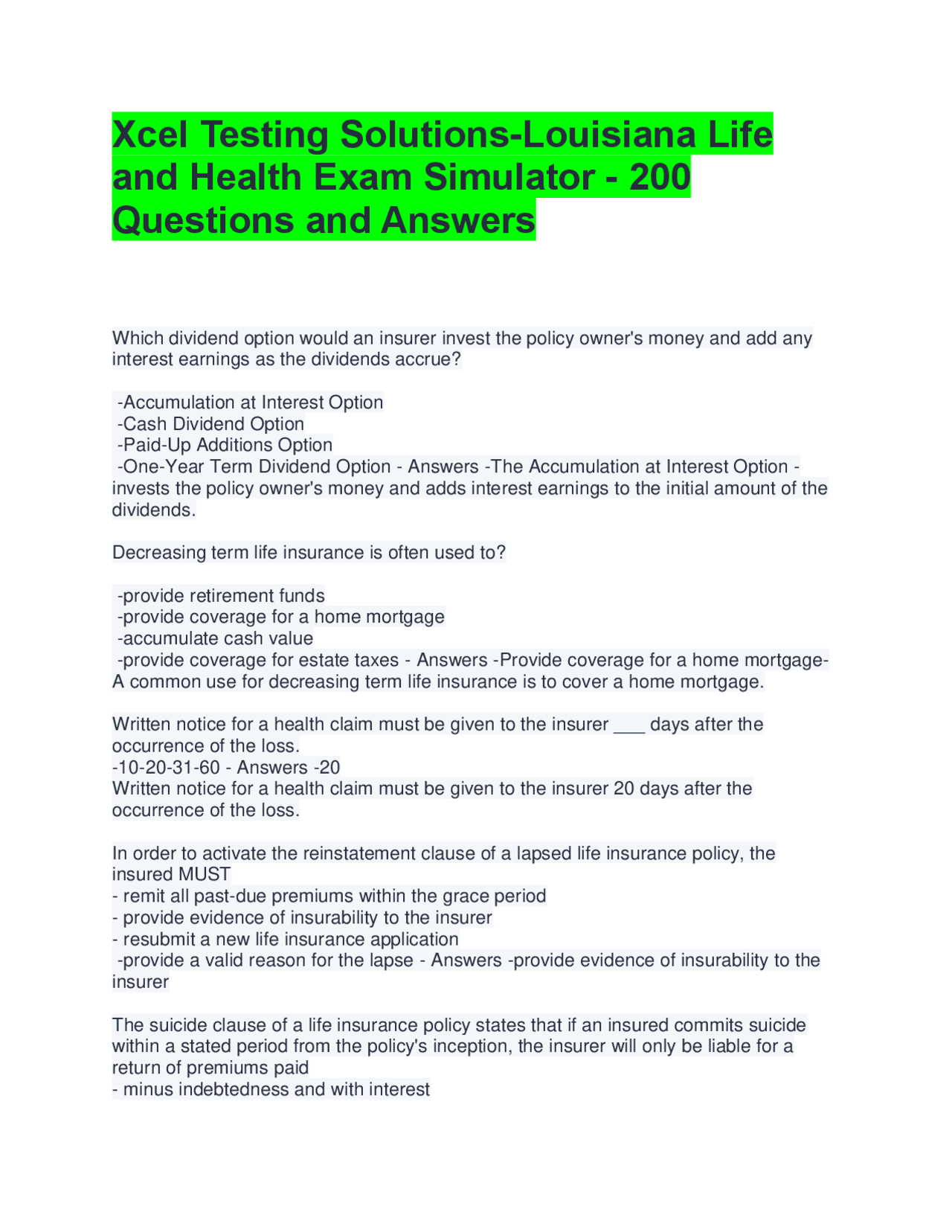 Xcel Testing Solutions-Louisiana Life and Health Exam Simulator - 200 ...