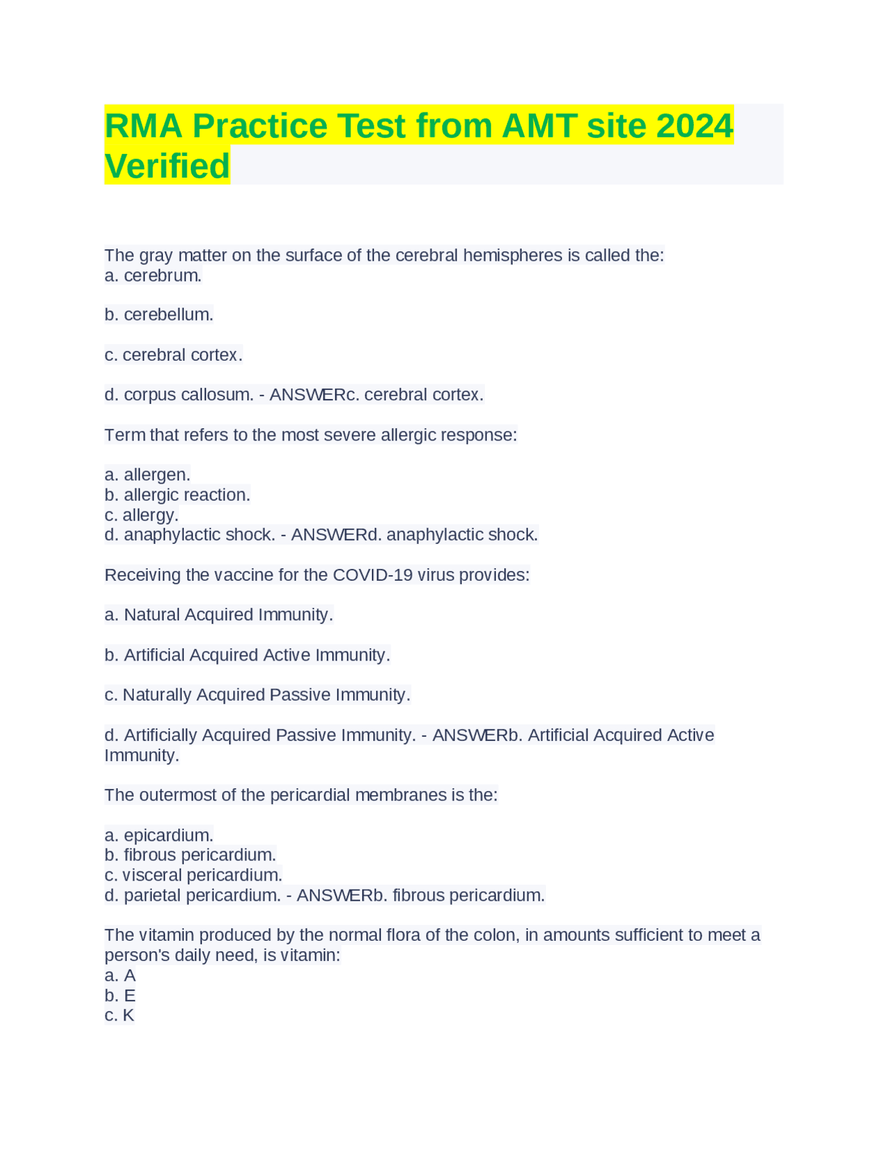 RMA Practice Test from AMT site 2024 Verified | Exams Nursing | Docsity