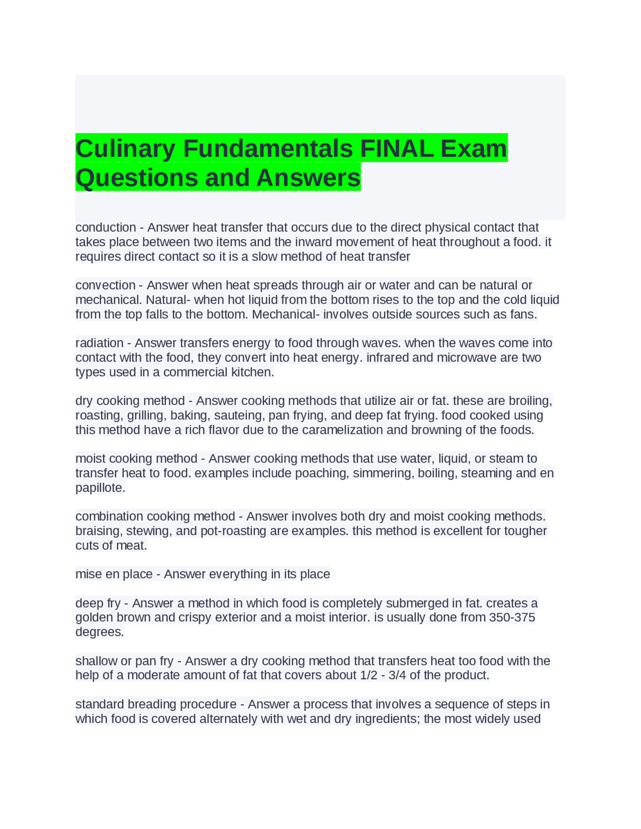 Culinary Fundamentals FINAL Exam Questions and Answers | Exams Advanced ...
