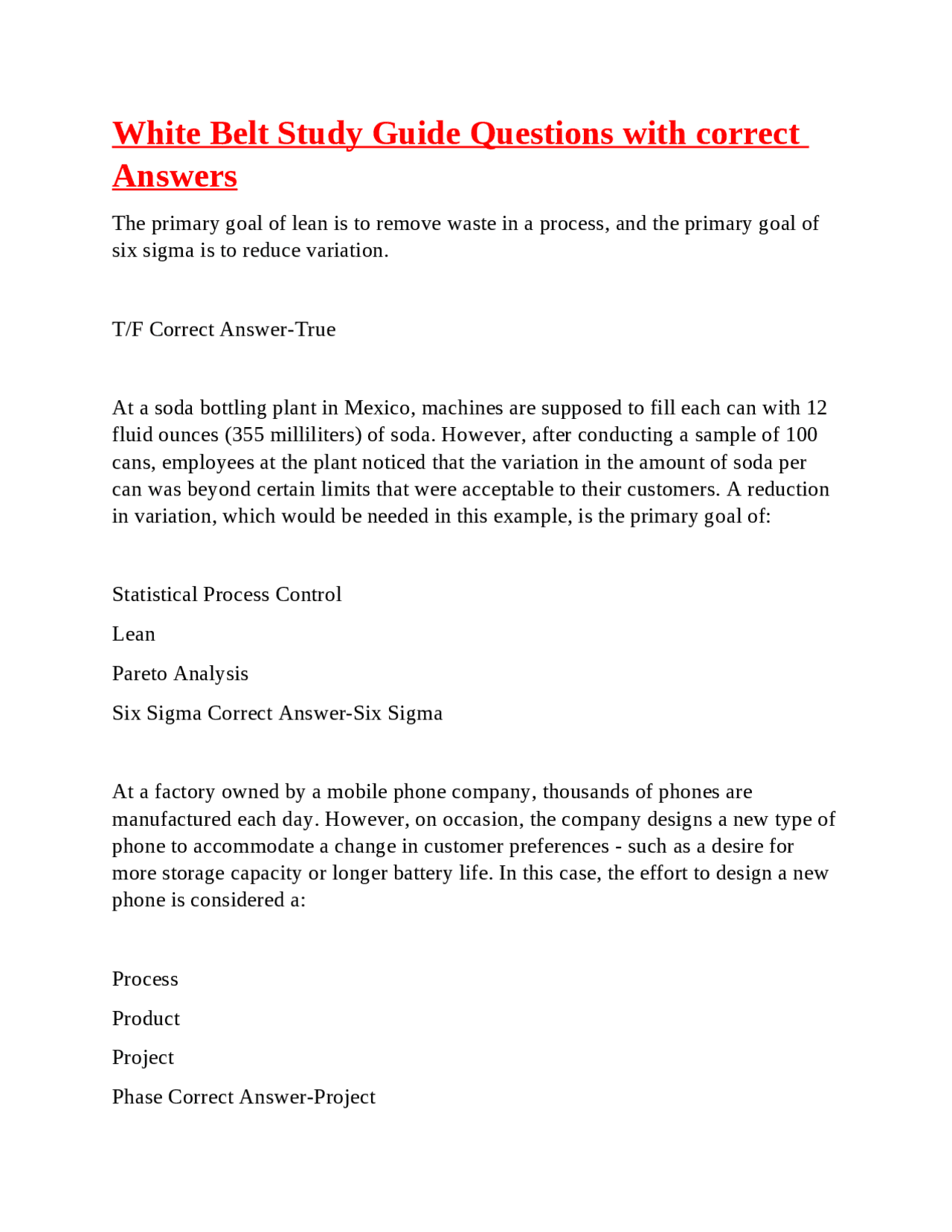 Lean Six Sigma Study Guide Questions and Answers | Exams Advanced ...