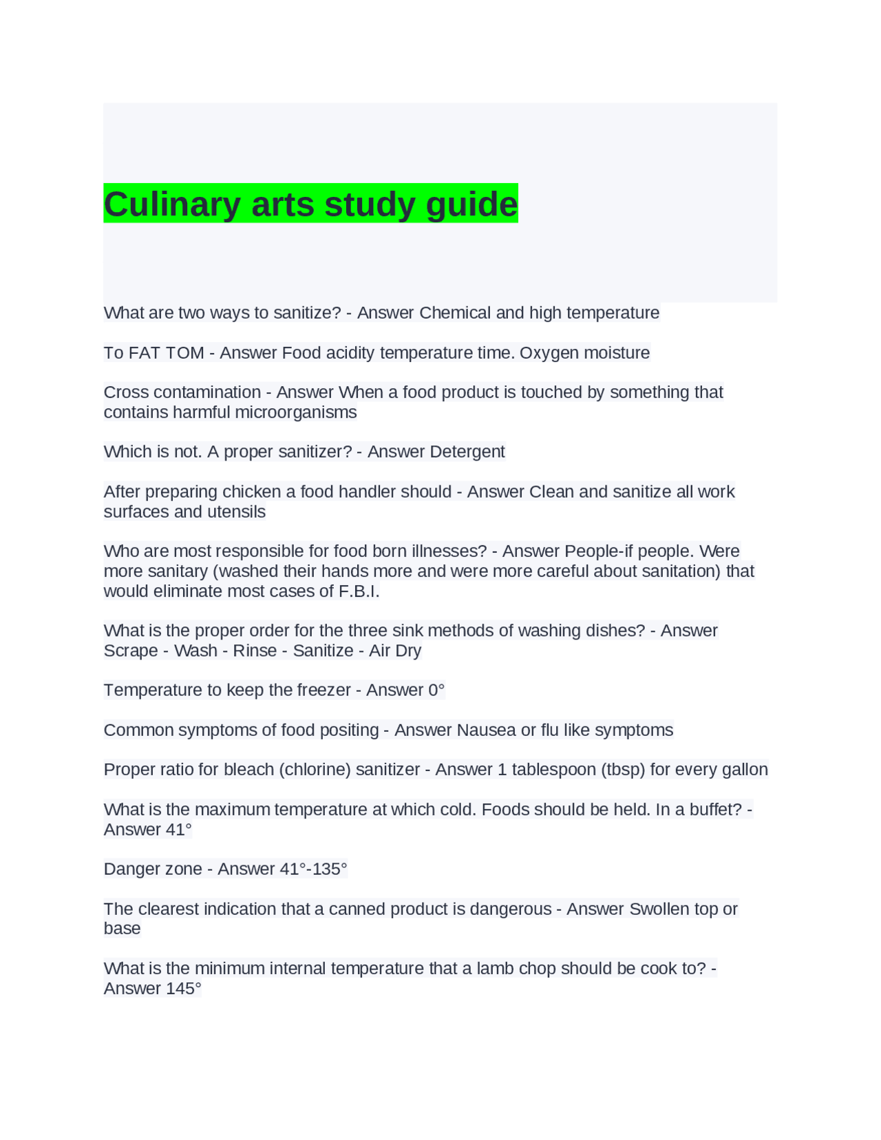 Culinary arts study guide with correct answers | Exams Advanced Education | Docsity