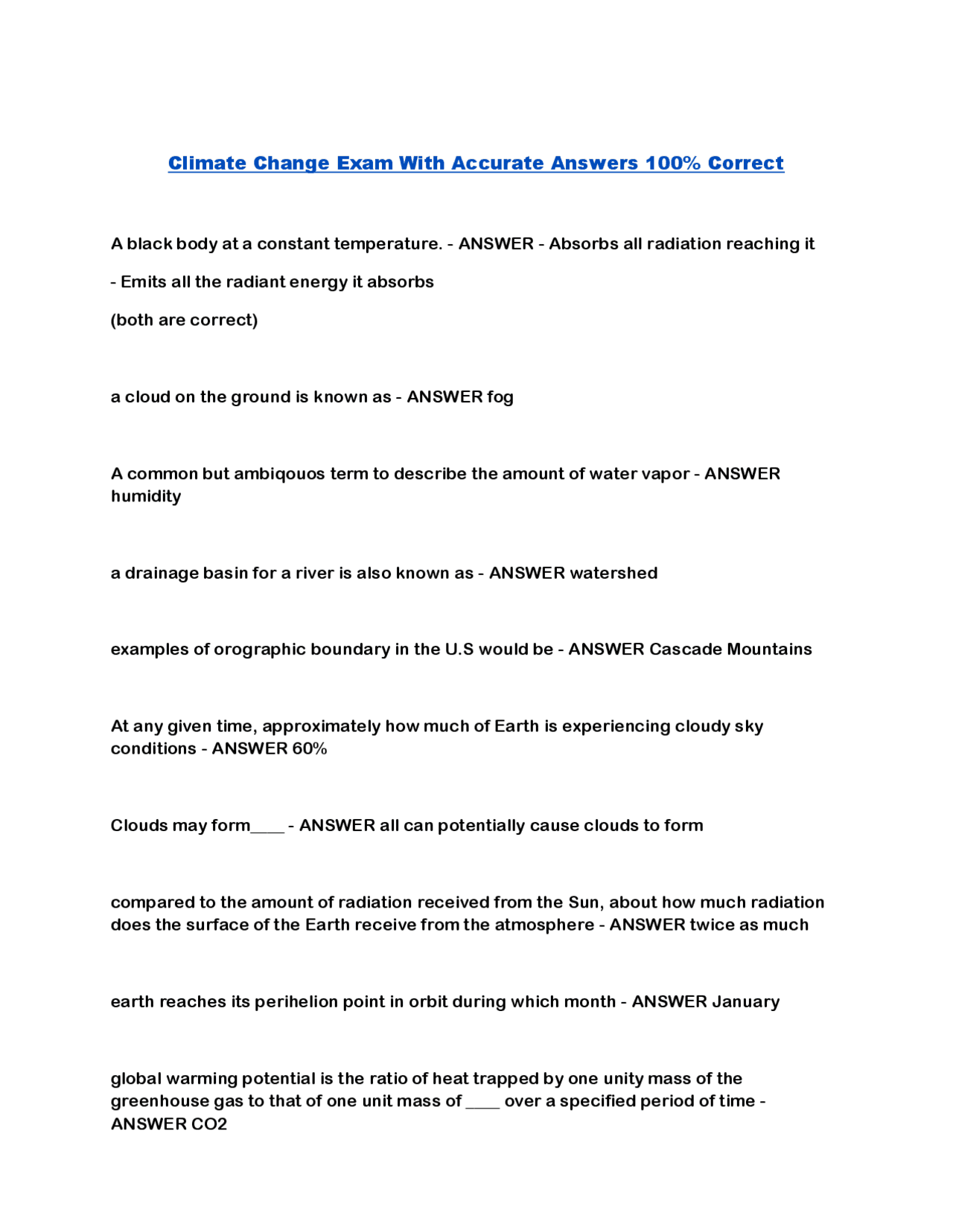 Climate Change Exam With Accurate Answers 100% Correct | Exams ...