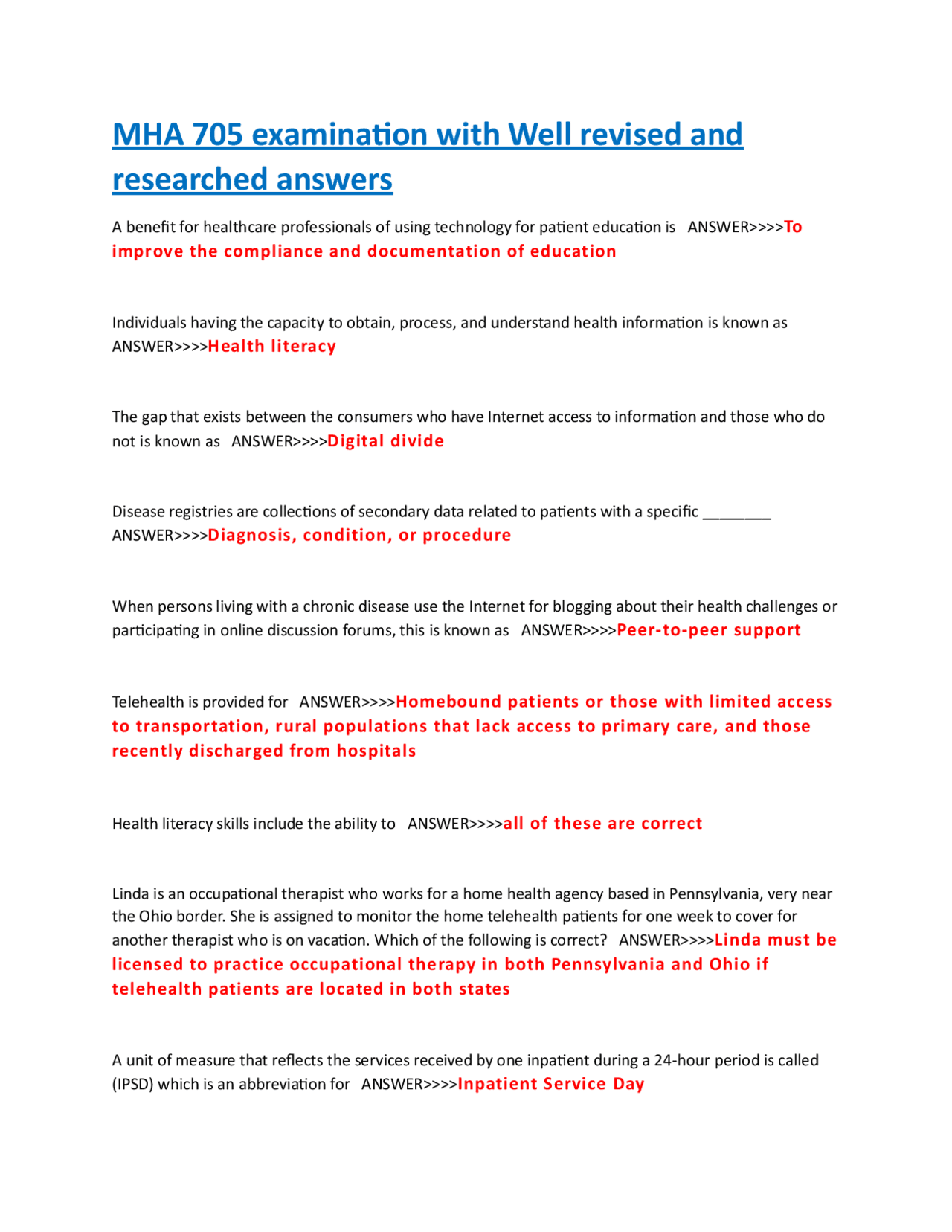 MHA 705 Examination: Healthcare Technology and Information Management ...