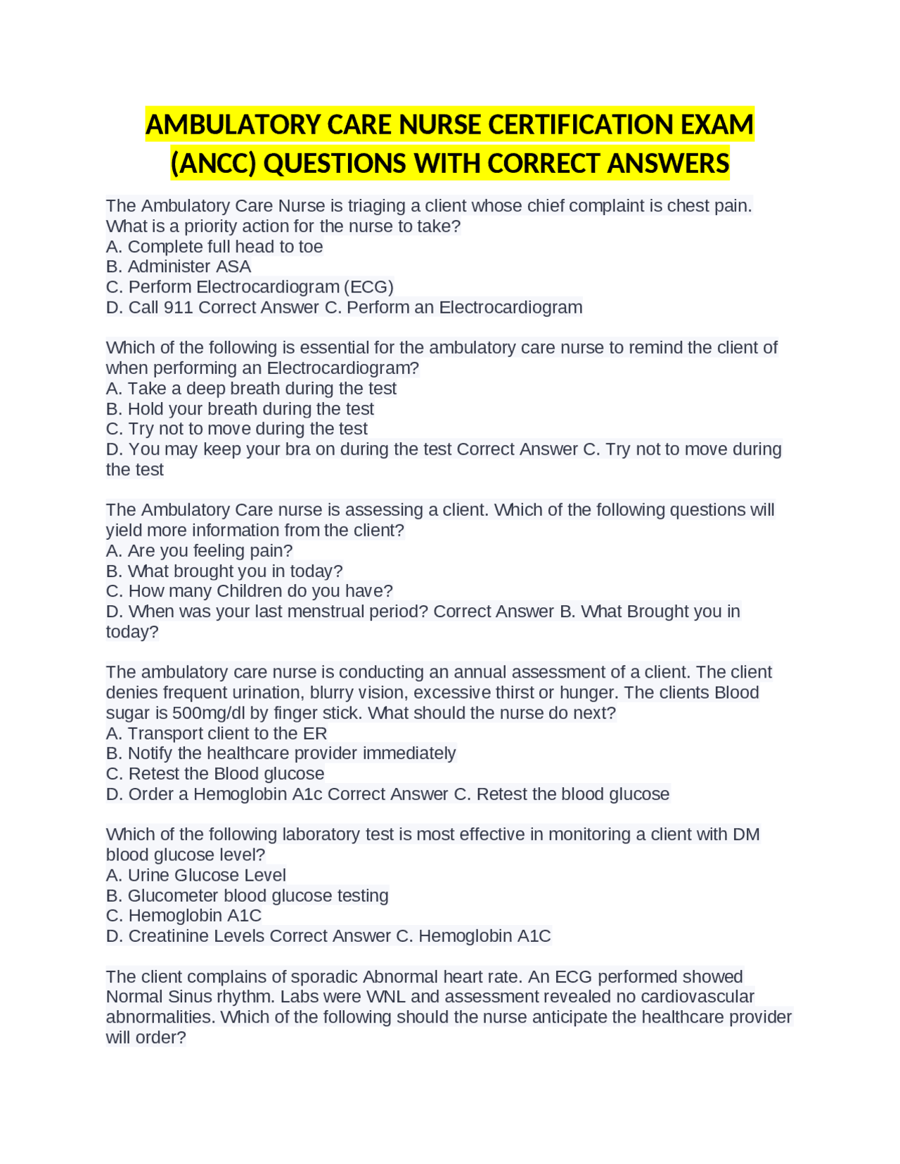Ambulatory Care Nurse Certification Exam (ANCC) Questions and Answers ...