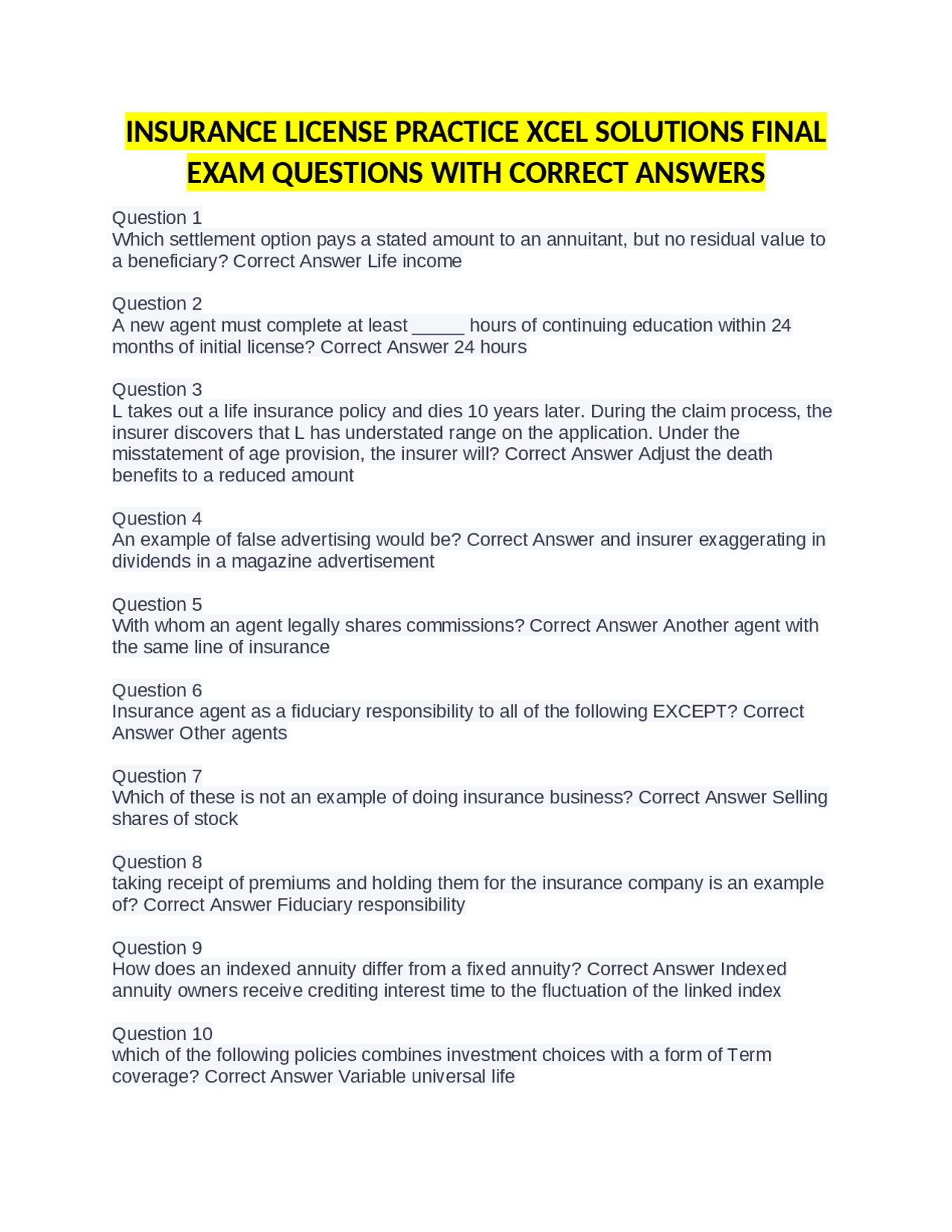 INSURANCE LICENSE PRACTICE XCEL SOLUTIONS FINAL EXAM QUESTIONS WITH ...