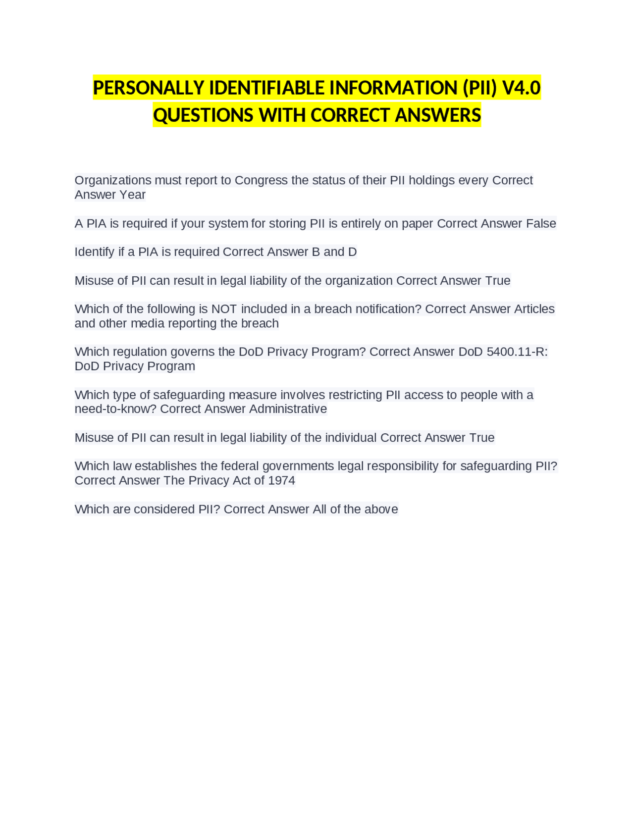 PERSONALLY IDENTIFIABLE INFORMATION (PII) V4.0 QUESTIONS WITH CORRECT ...