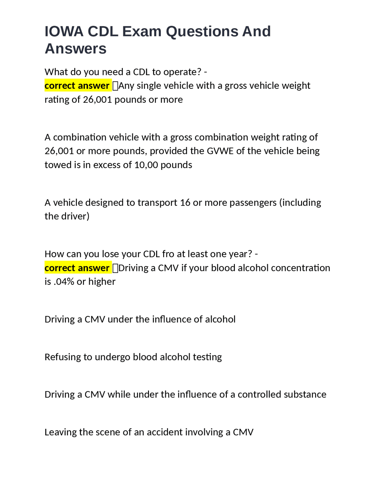 IOWA CDL Exam Questions And Answers | Exams Engineering | Docsity