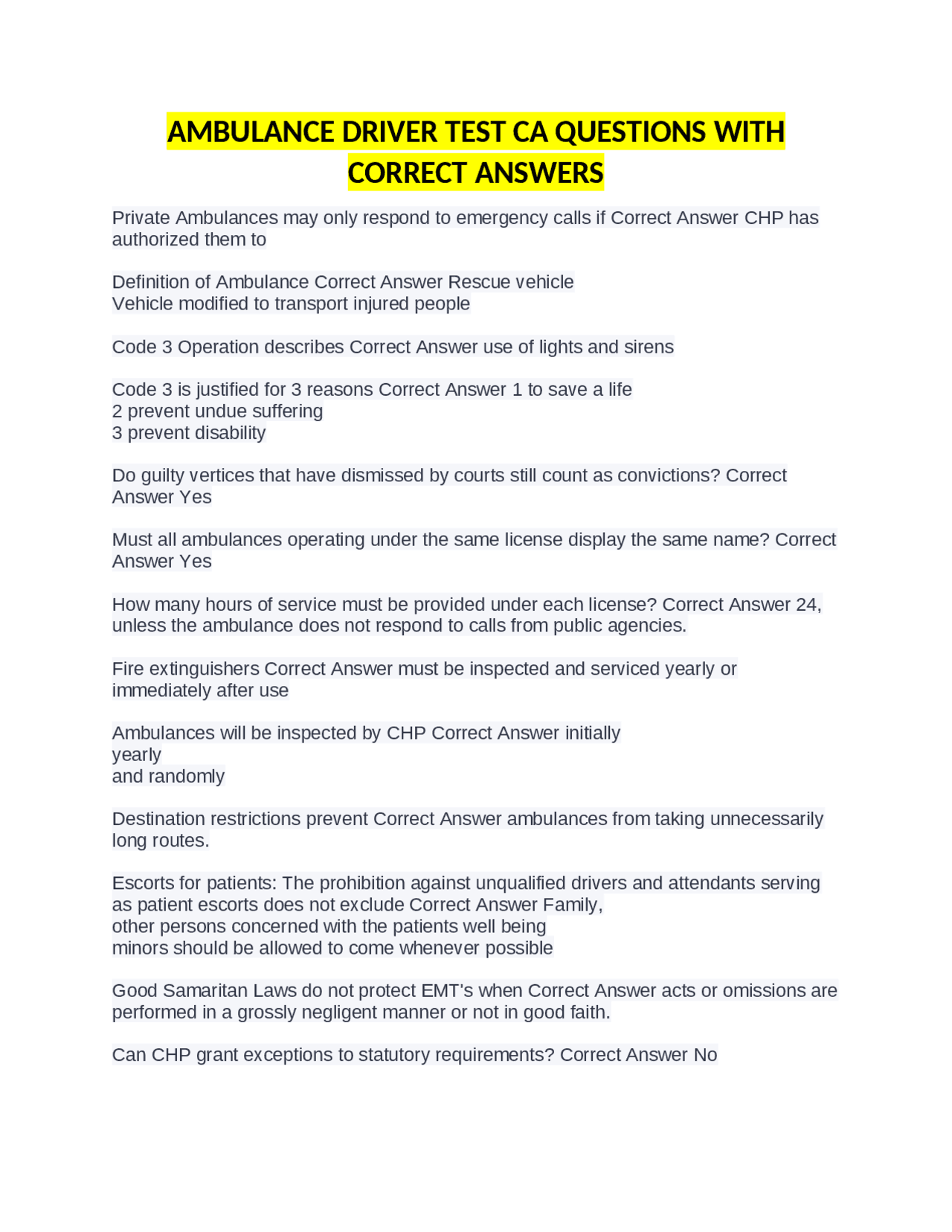 AMBULANCE DRIVER TEST CA QUESTIONS WITH CORRECT ANSWERS | Exams Nursing ...