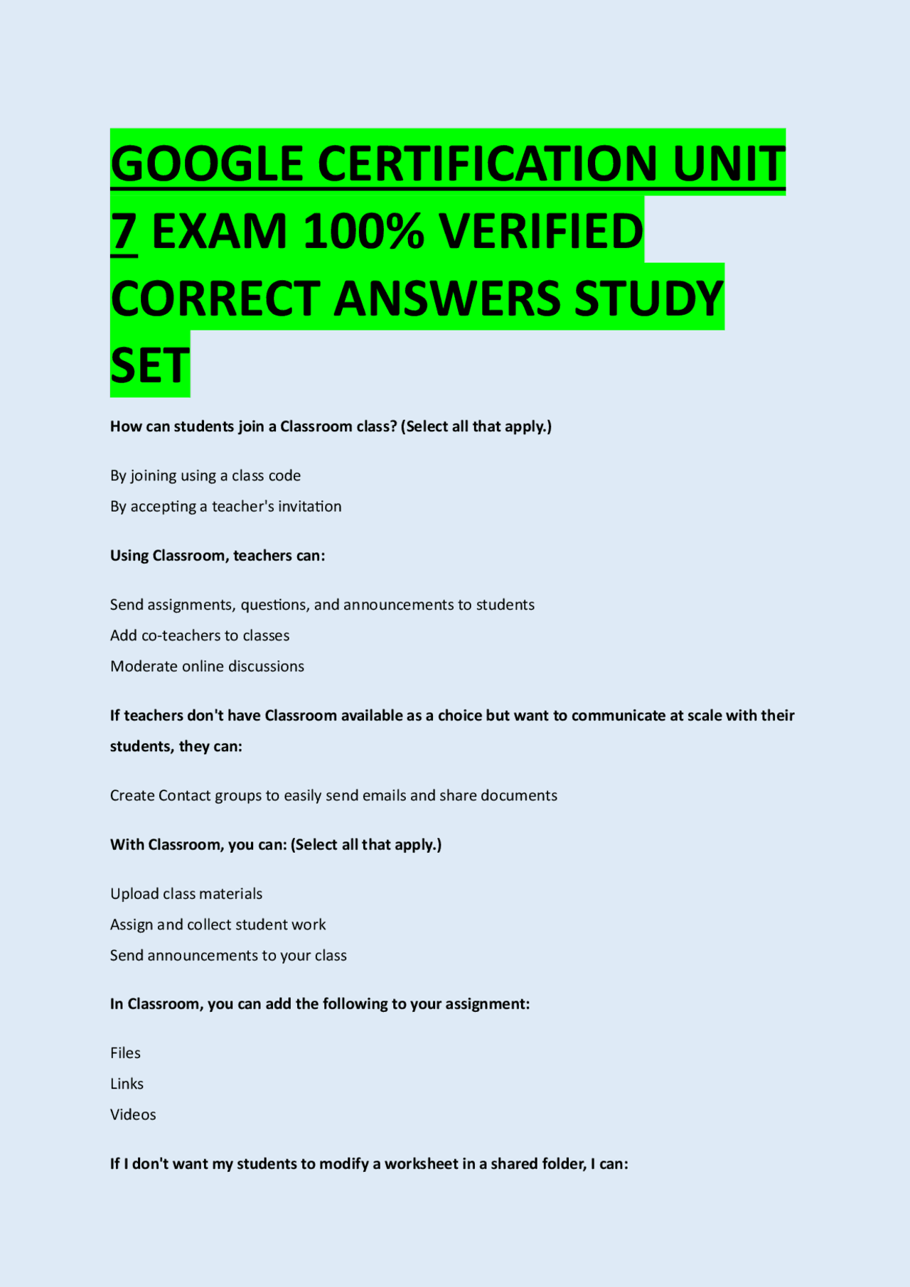 GOOGLE CERTIFICATION UNIT 7 EXAM 100% VERIFIED CORRECT ANSWERS STUDY ...