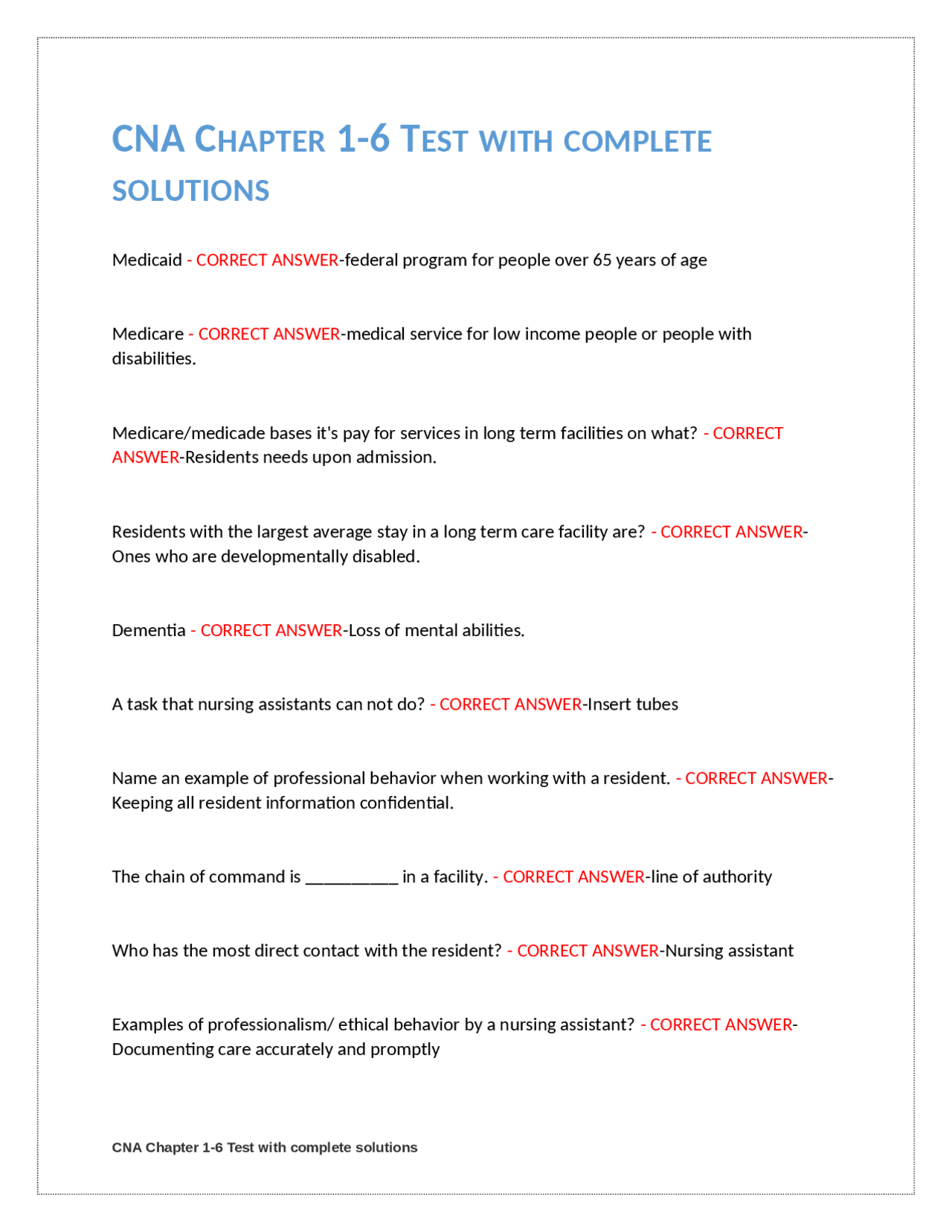 CNA CHAPTER 1-6 TEST WITH COMPLETE SOLUTIONS | Exams Nursing | Docsity