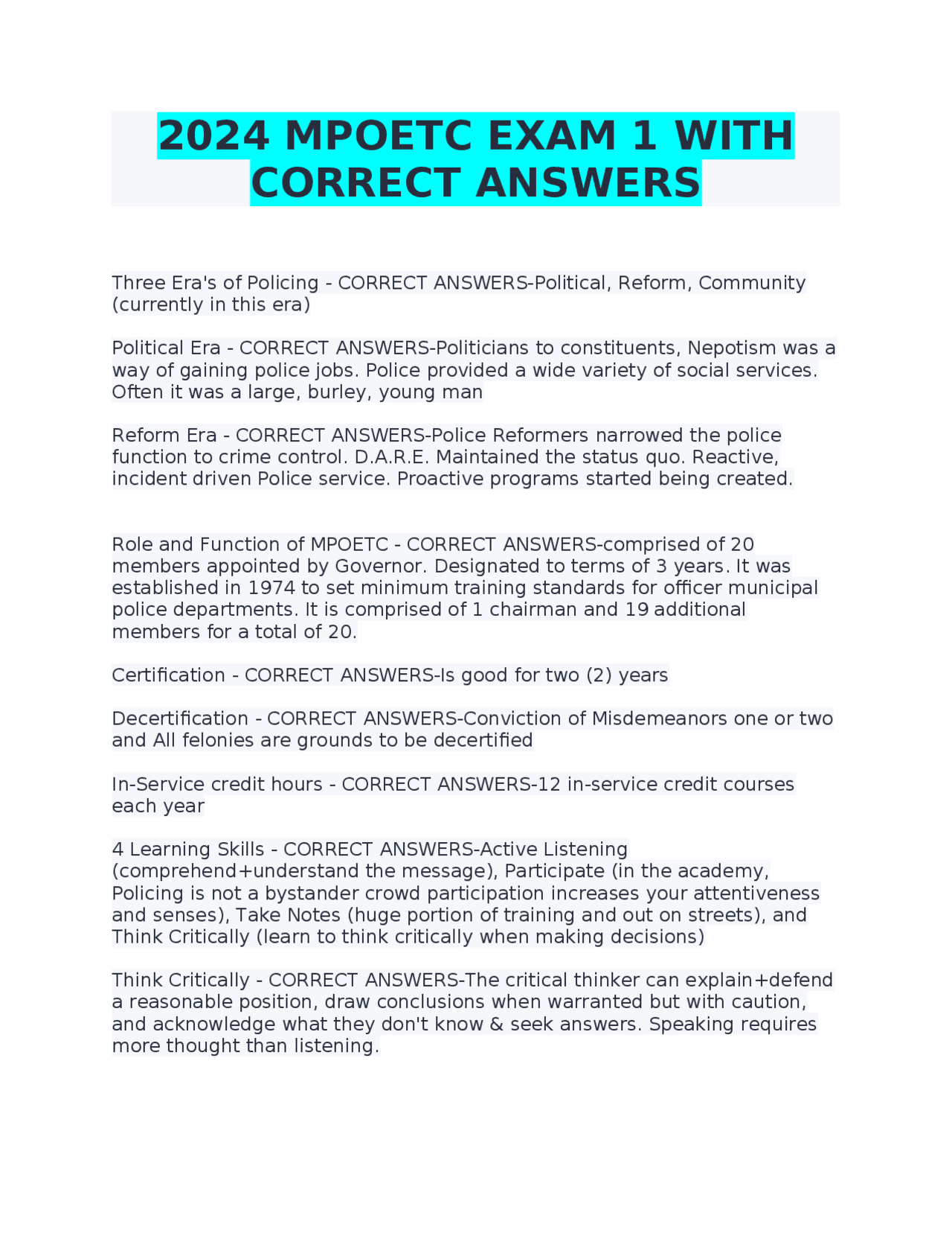 2024 MPOETC EXAM 1 WITH CORRECT ANSWERS | Exams Advanced Education ...