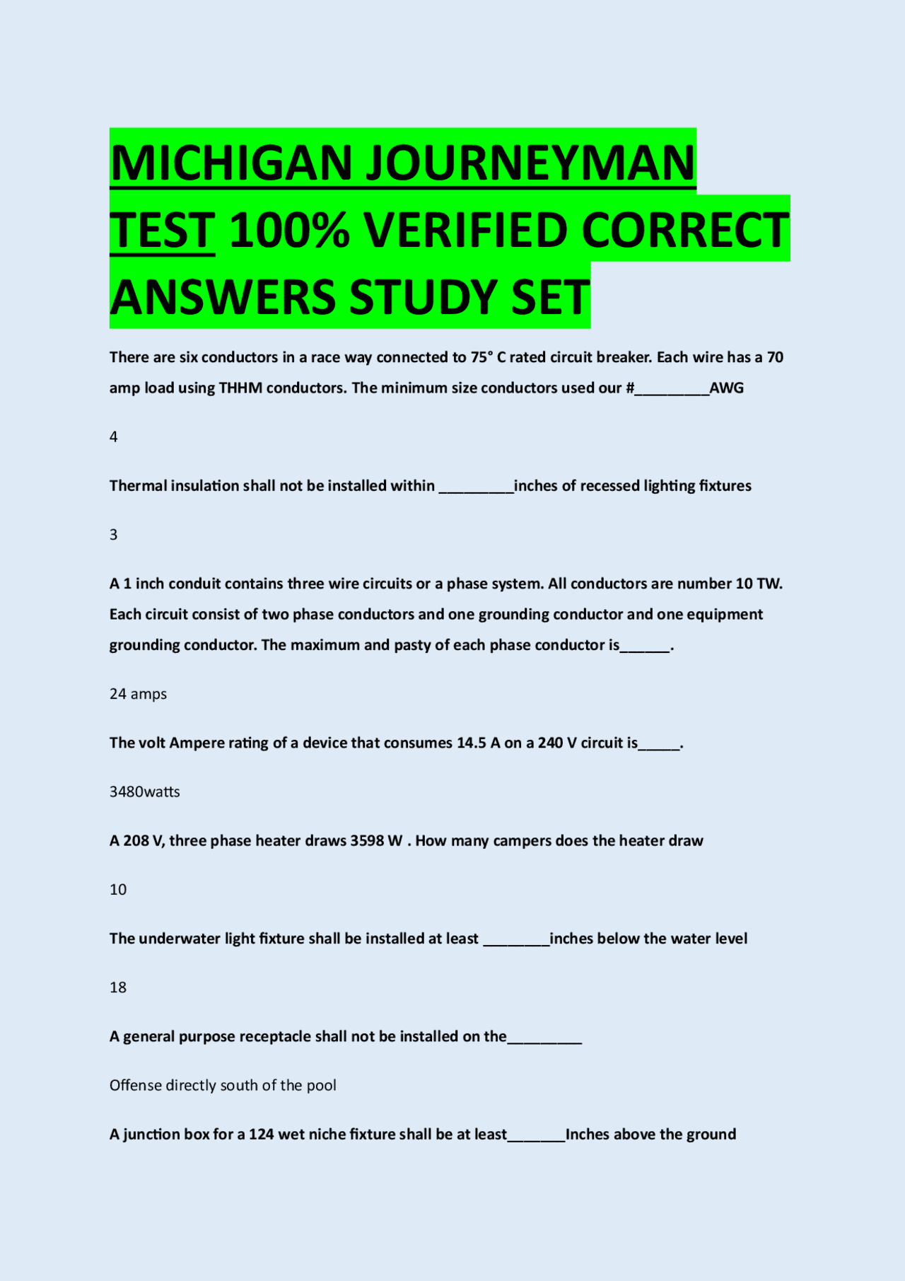 MICHIGAN JOURNEYMAN TEST 100% VERIFIED CORRECT ANSWERS STUDY SET ...