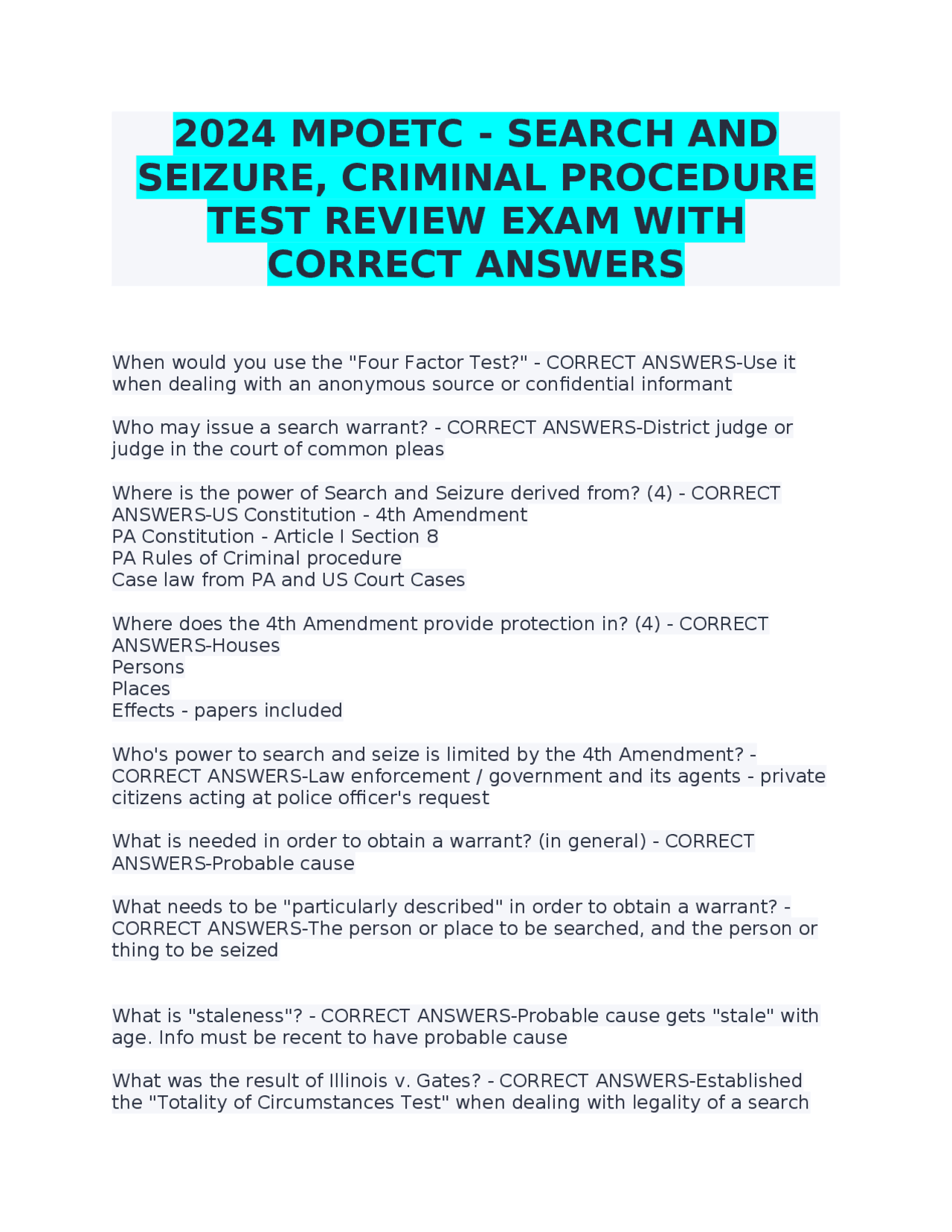 2024 MPOETC - SEARCH AND SEIZURE, CRIMINAL PROCEDURE TEST REVIEW EXAM ...