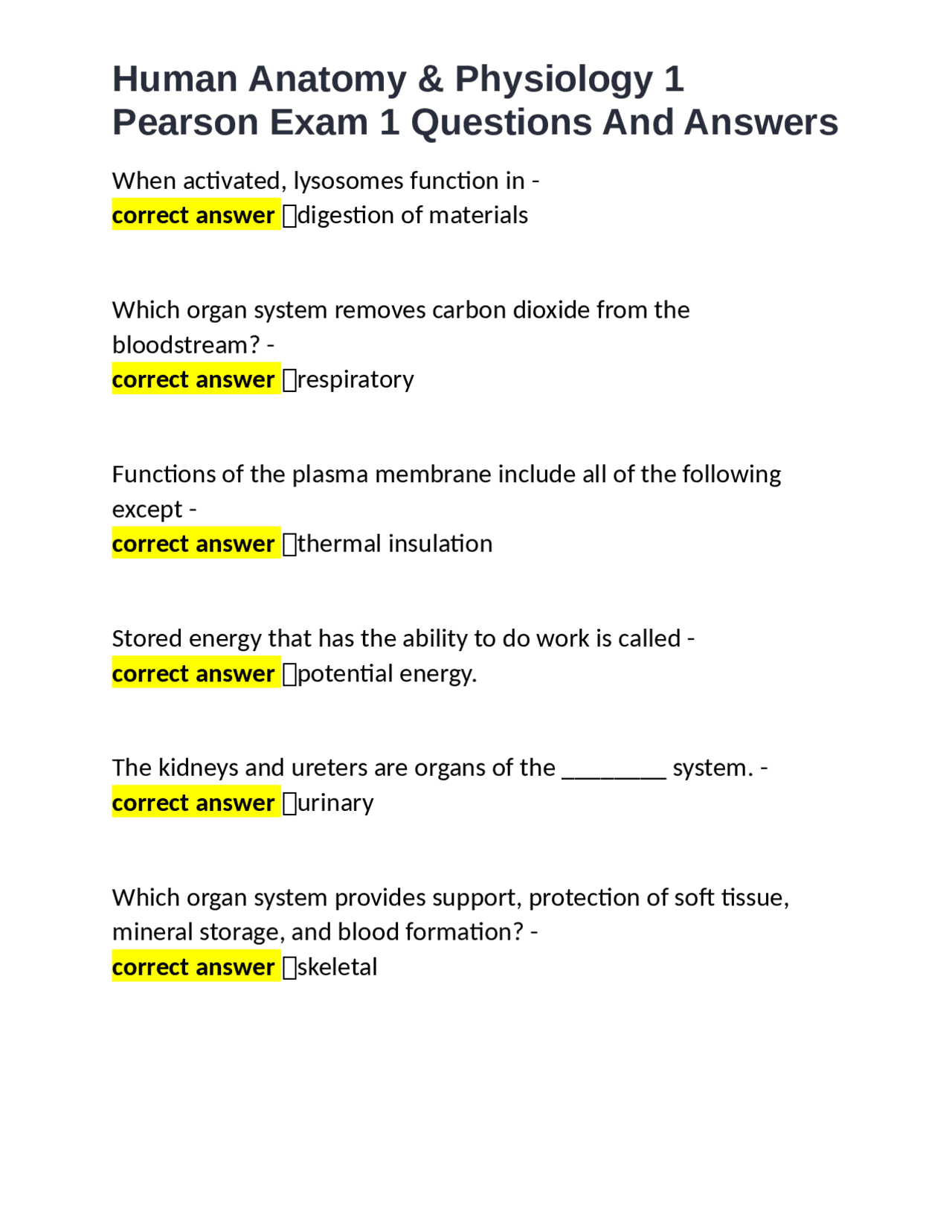 Human Anatomy & Physiology 1 Pearson Exam 1 Questions And Answers ...