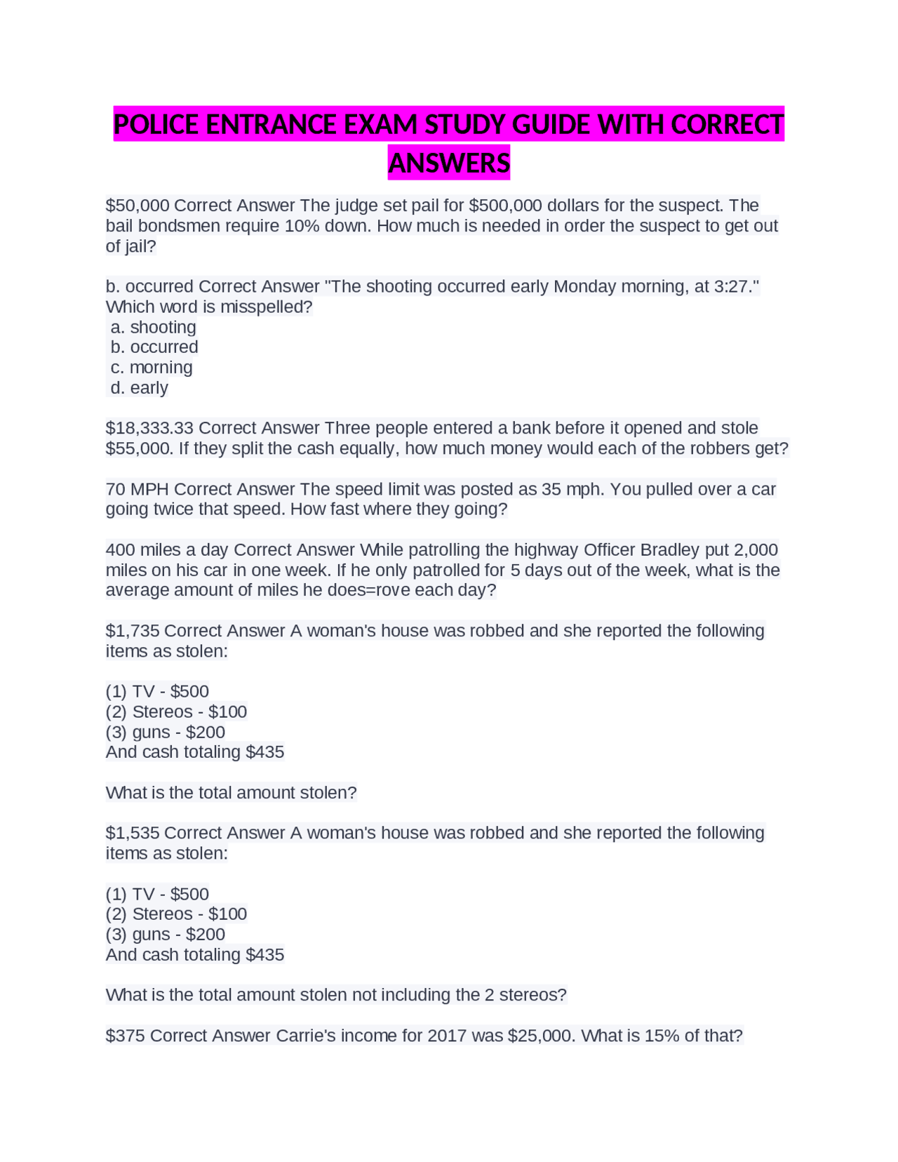 POLICE ENTRANCE EXAM STUDY GUIDE WITH CORRECT ANSWERS | Exams Nursing ...