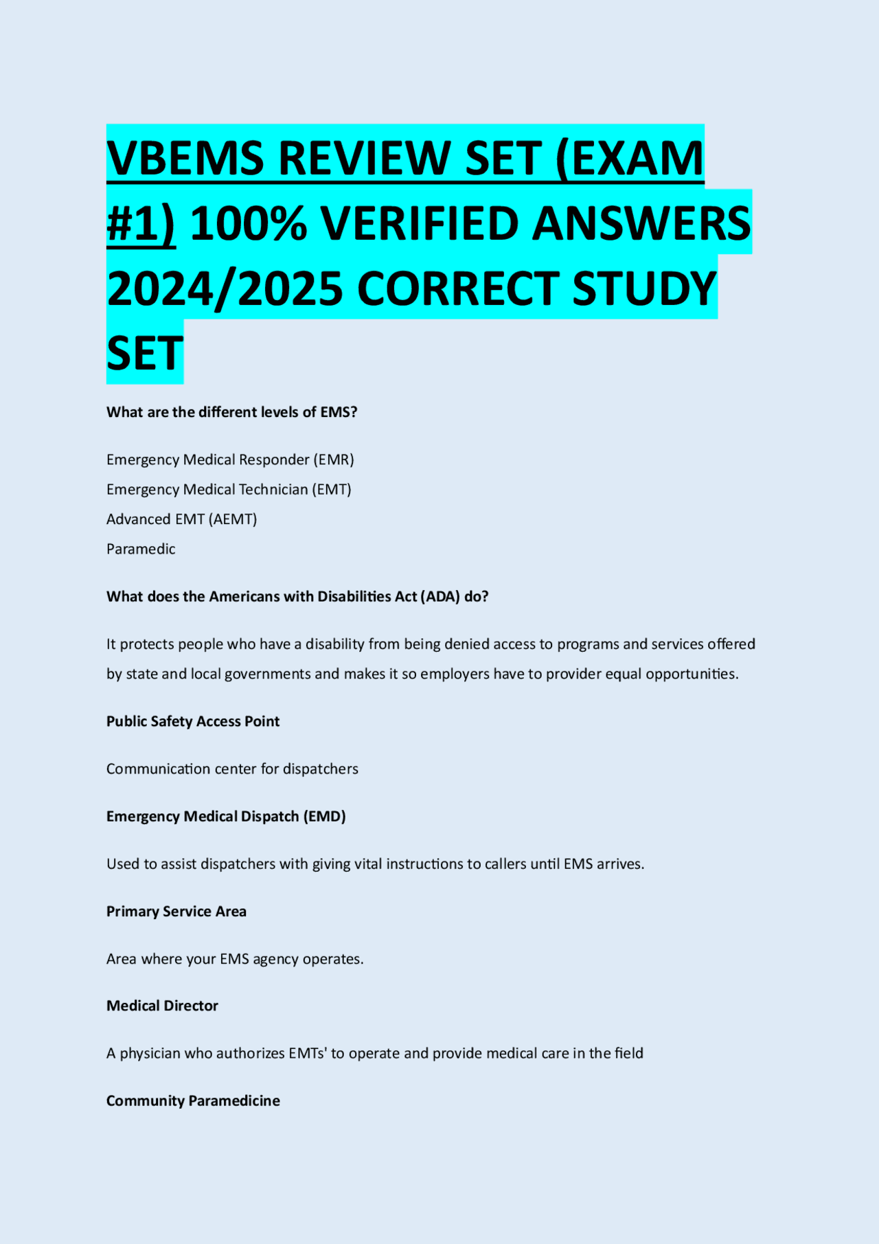 VBEMS REVIEW SET (EXAM #1) 100% VERIFIED ANSWERS 2024/2025 CORRECT ...