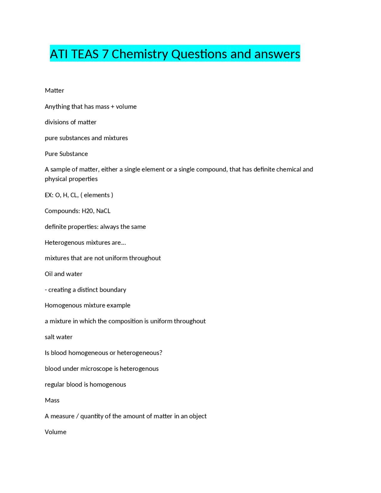 ATI TEAS 7 Chemistry QUESTIONS and ANSWERS(2024-2025) | Exams Nursing ...