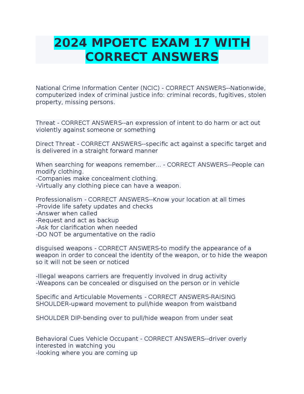 2024 MPOETC EXAM 17 WITH CORRECT ANSWERS | Exams Advanced Education ...