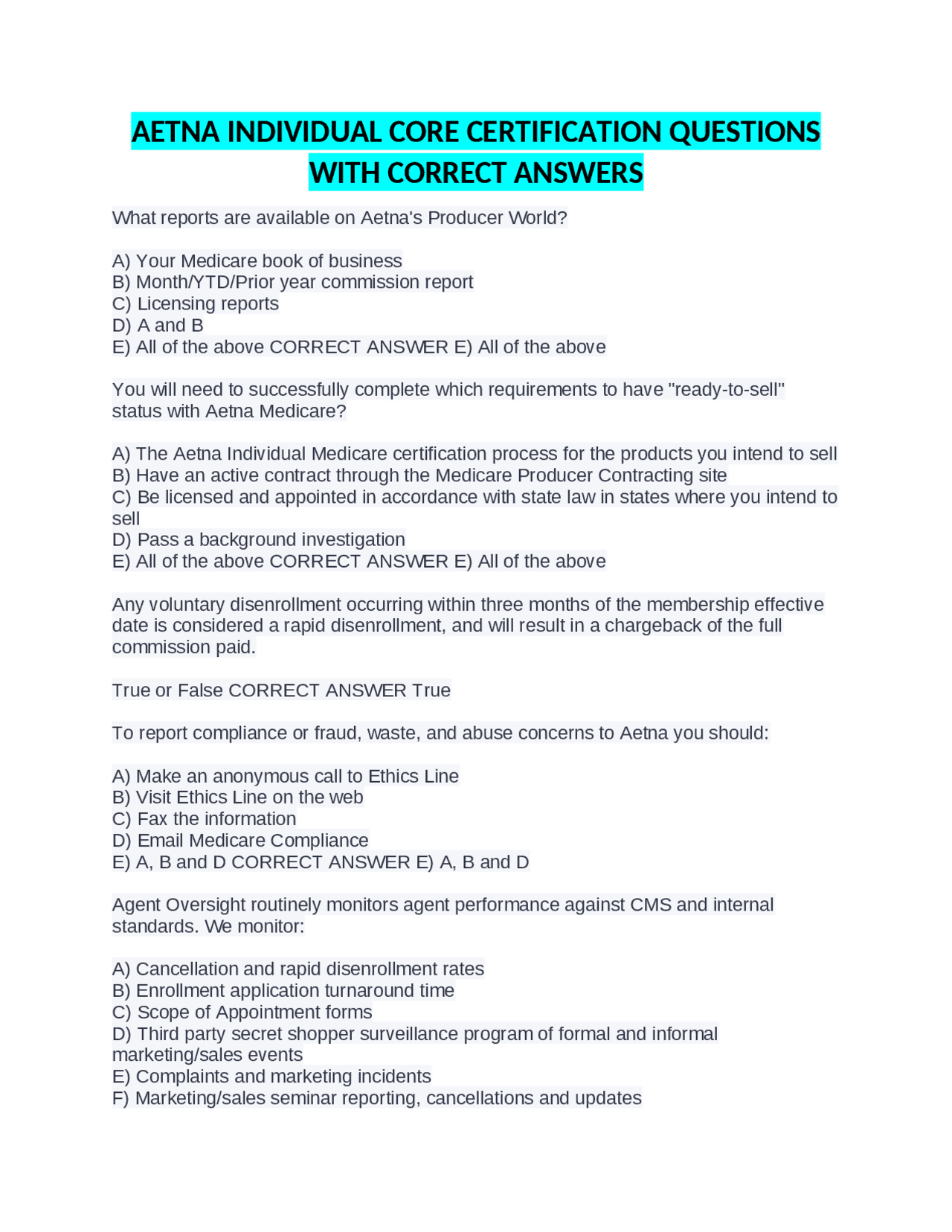 AETNA INDIVIDUAL CORE CERTIFICATION QUESTIONS WITH CORRECT ANSWERS ...