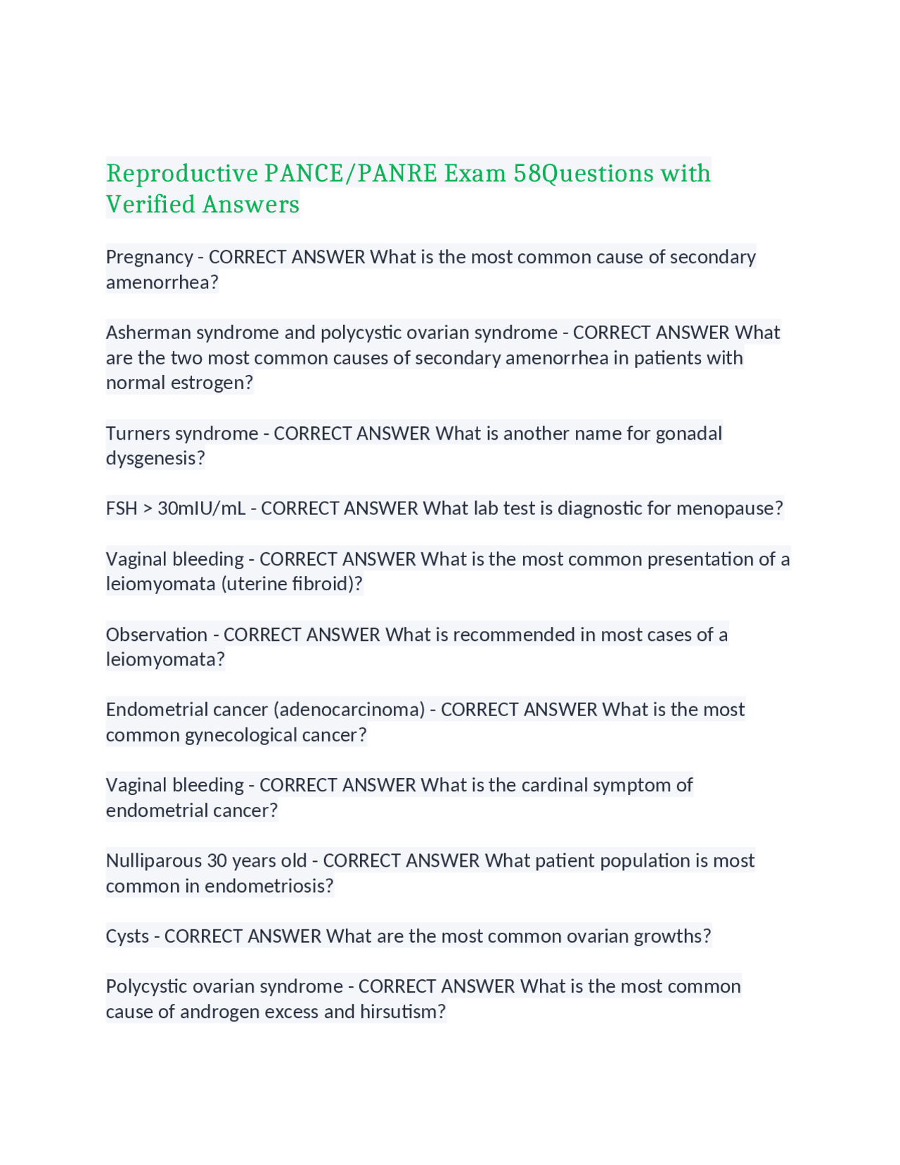 Reproductive PANCE/PANRE Exam 58Questions with Verified Answers,100 ...