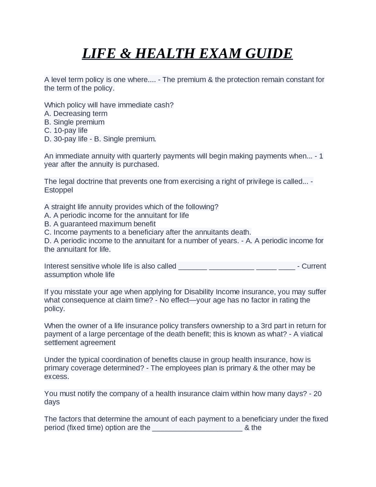 LIFE & HEALTH EXAM STUDY GUIDE | Exams Advanced Education | Docsity