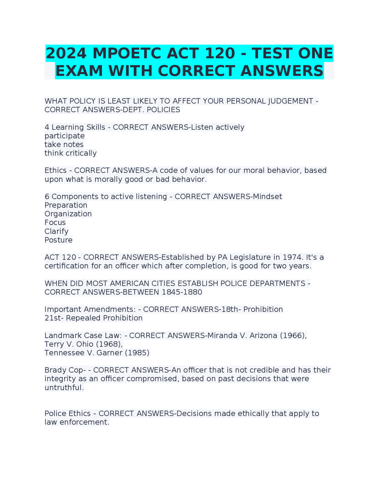 2024 MPOETC ACT 120 - TEST ONE EXAM WITH CORRECT ANSWERS | Exams ...