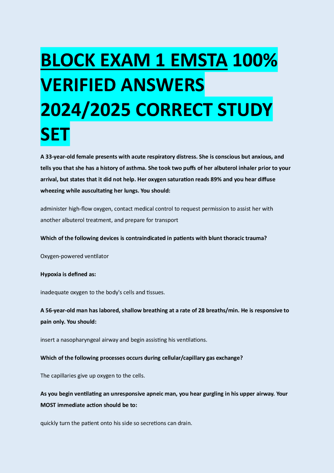 BLOCK EXAM 1 EMSTA 100% VERIFIED ANSWERS 2024/2025 CORRECT STUDY SET ...