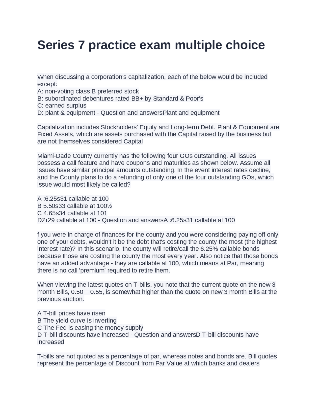 Series 7 practice exam multiple choice Questions and Correct Answers | Exams Nursing | Docsity