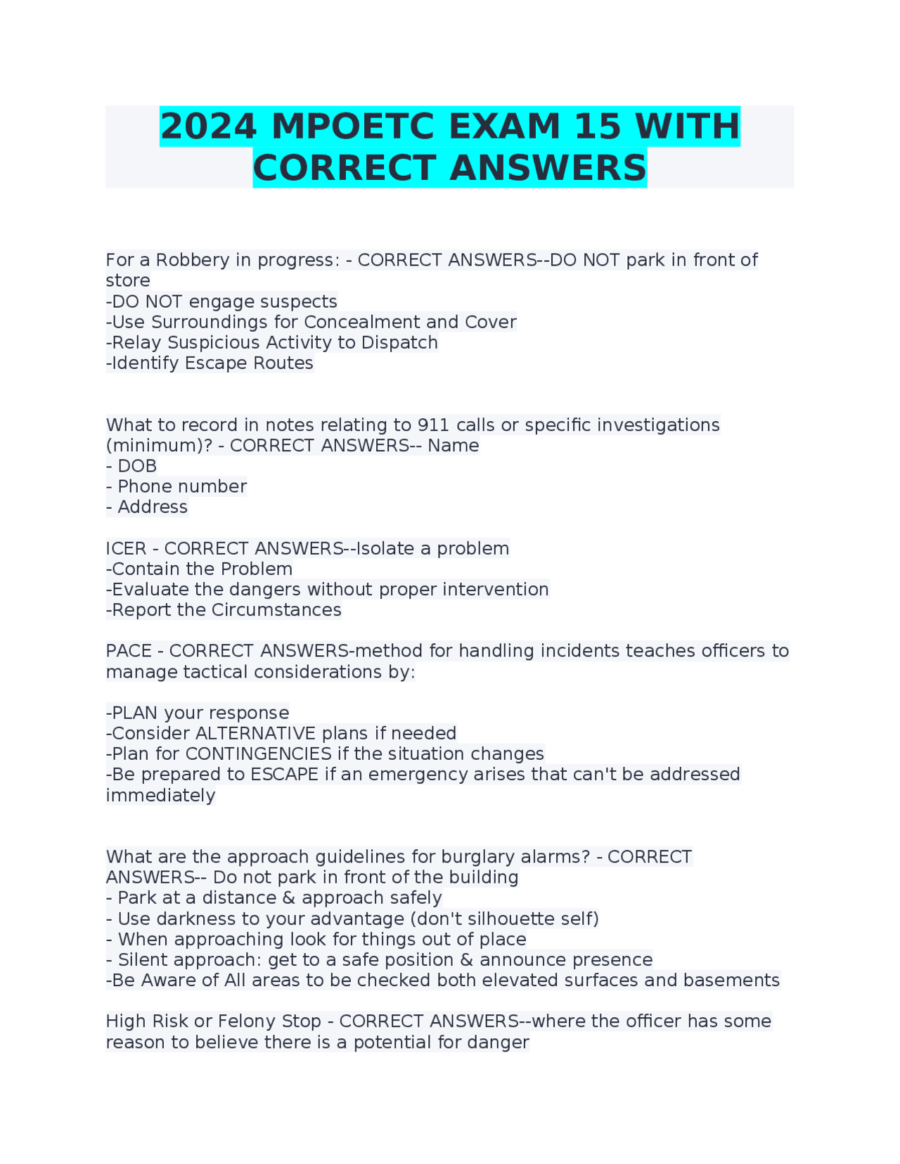 2024 MPOETC EXAM 15 WITH CORRECT ANSWERS | Exams Advanced Education ...