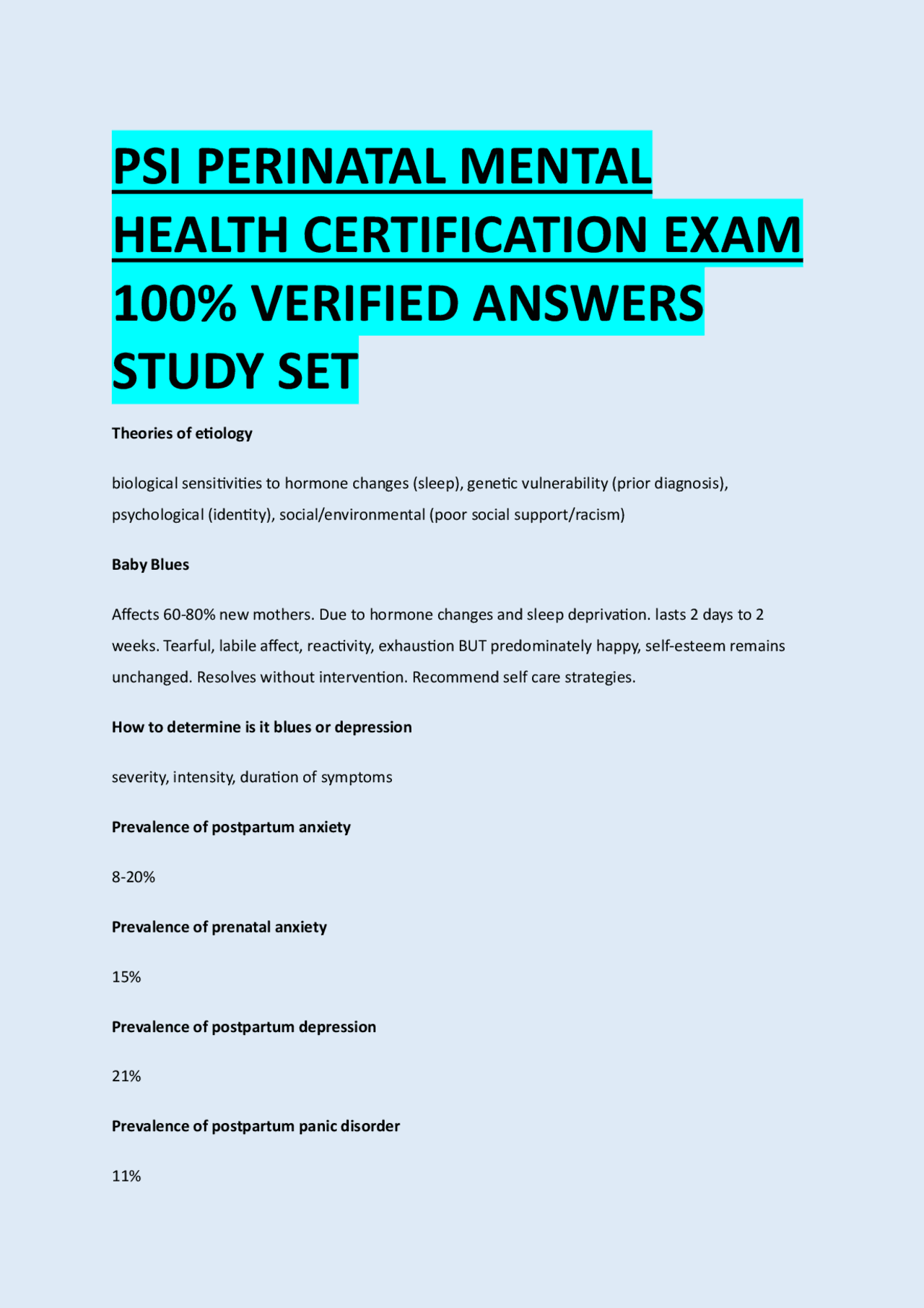PSI PERINATAL MENTAL HEALTH CERTIFICATION EXAM 100% VERIFIED ANSWERS ...