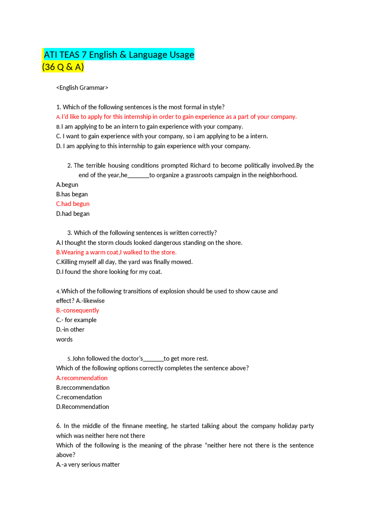 ATI TEAS 7 ENGLISH & LANGUAGE USAGE TEST(36 Q & A)(2024-2025) | Exams ...