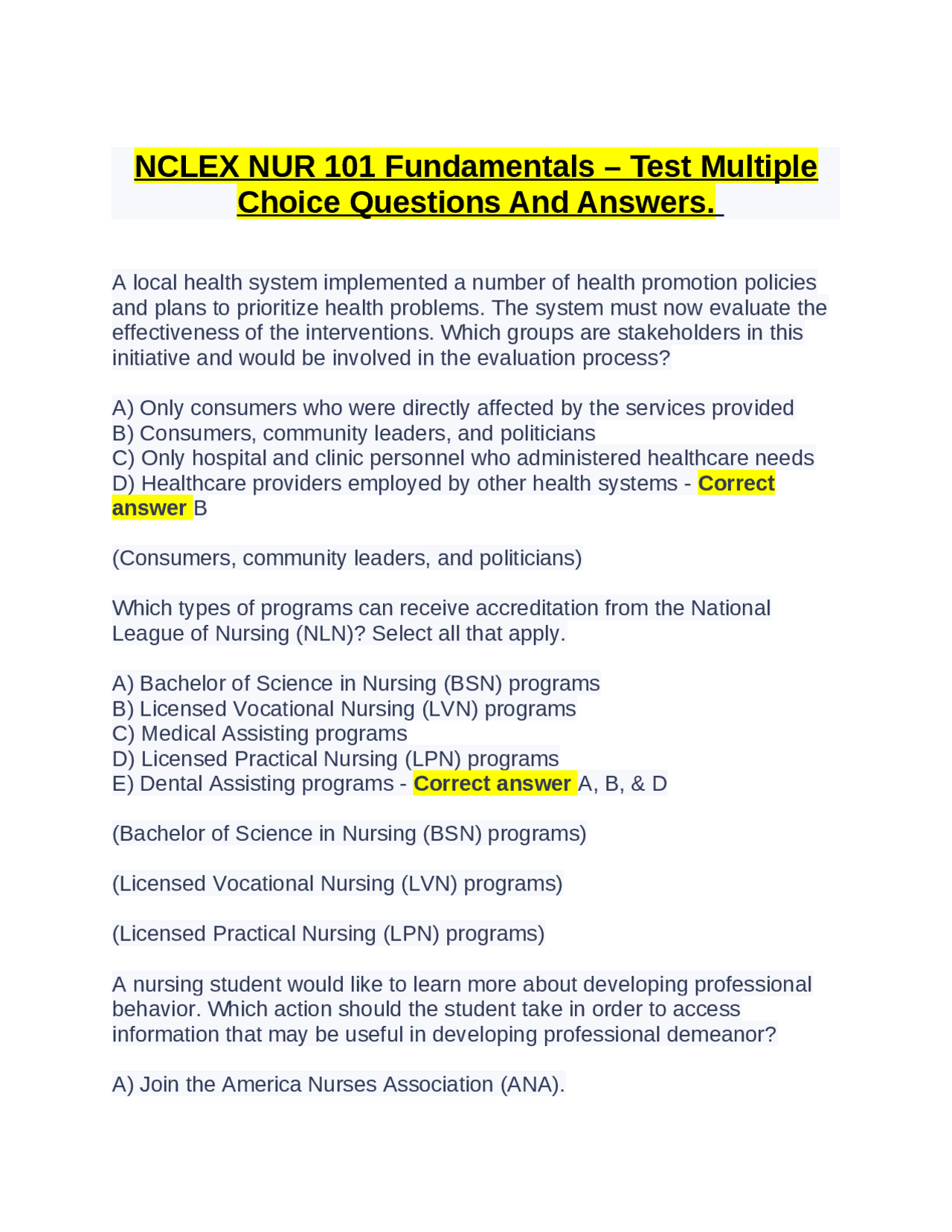 NCLEX NUR 101 Fundamentals – Test Multiple Choice Questions And Answers ...