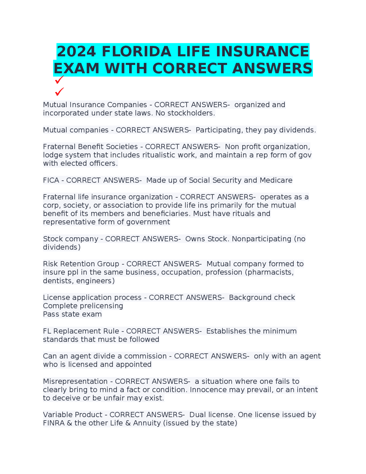 2024 FLORIDA LIFE INSURANCE EXAM WITH CORRECT ANSWERS | Exams Advanced ...