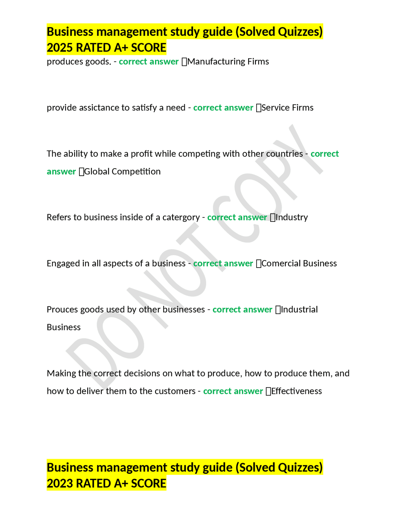 Business management study guide (Solved Quizzes) 2025 RATED A+ SCORE ...