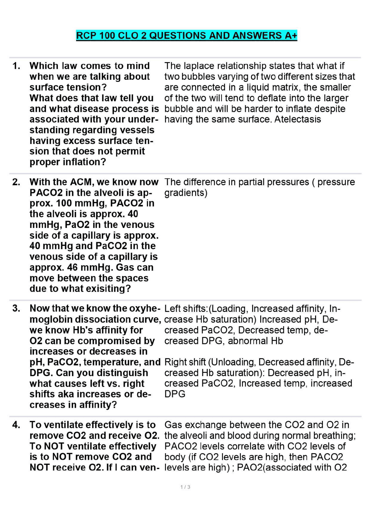 RCP 100 CLO 2 QUESTIONS AND ANSWERS A+ | Exams Nursing | Docsity