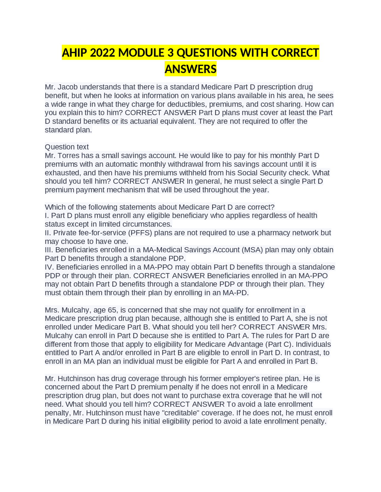 AHIP 2022 MODULE 3 QUESTIONS WITH CORRECT ANSWERS | Exams Nursing | Docsity