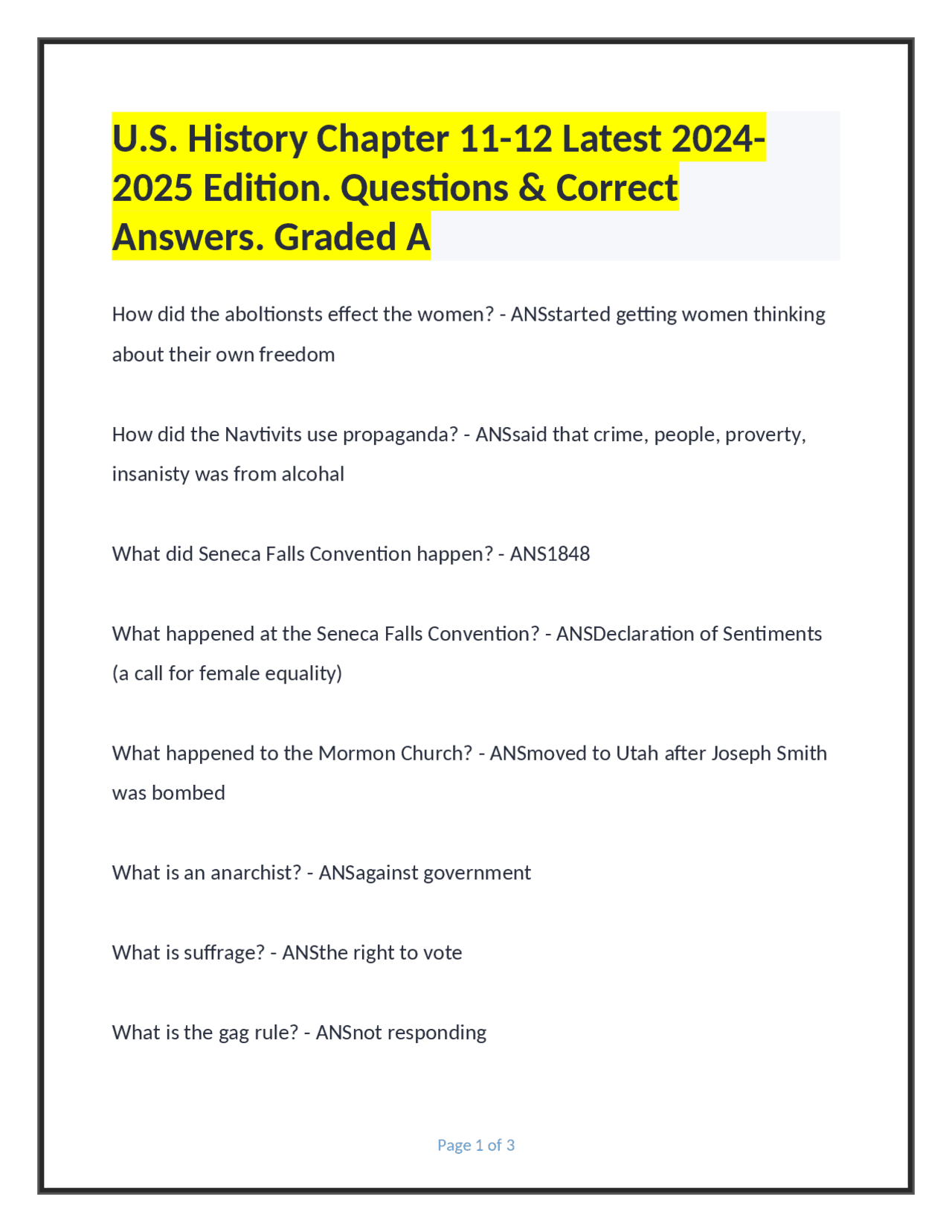 U.S. History Chapter 11-12 Latest 2024-2025 Edition. Questions ...