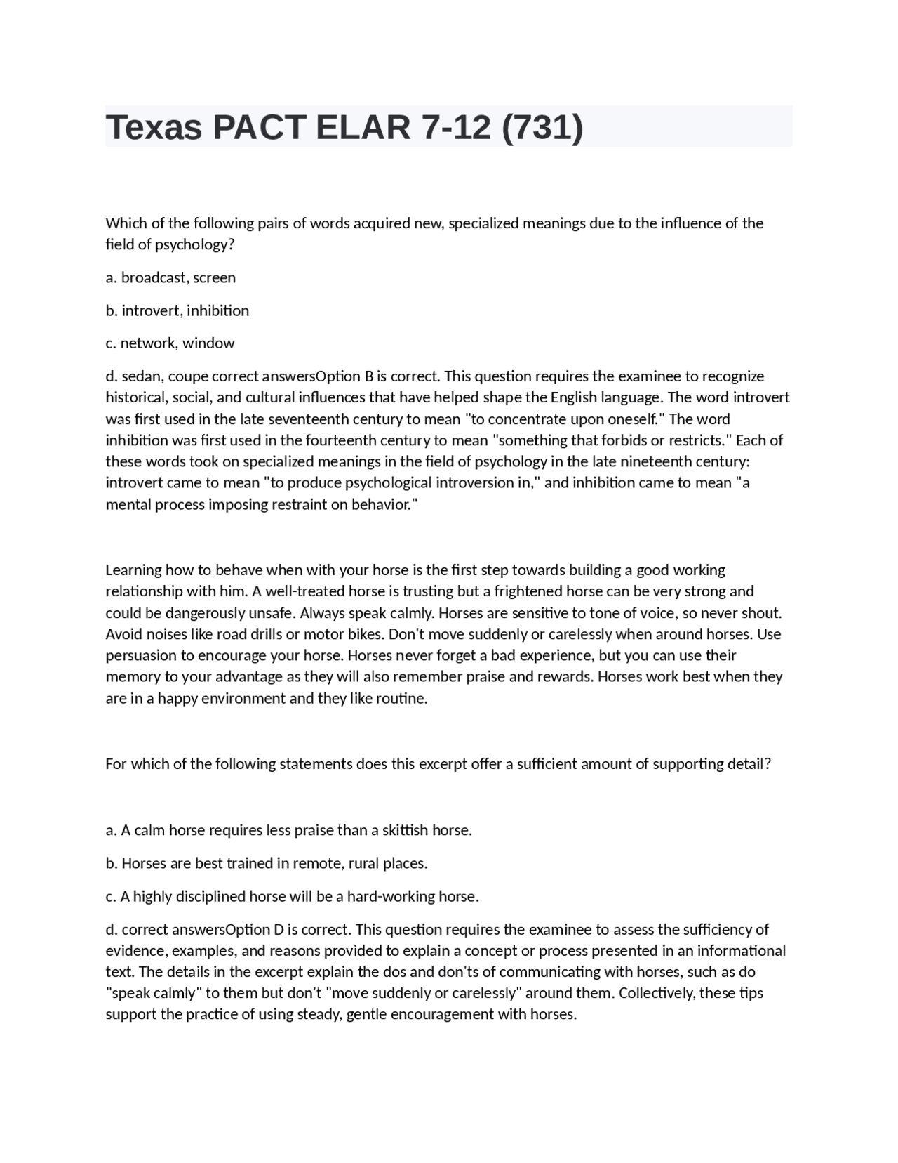 Texas PACT ELAR 7 EXA | Exams Business Economics | Docsity