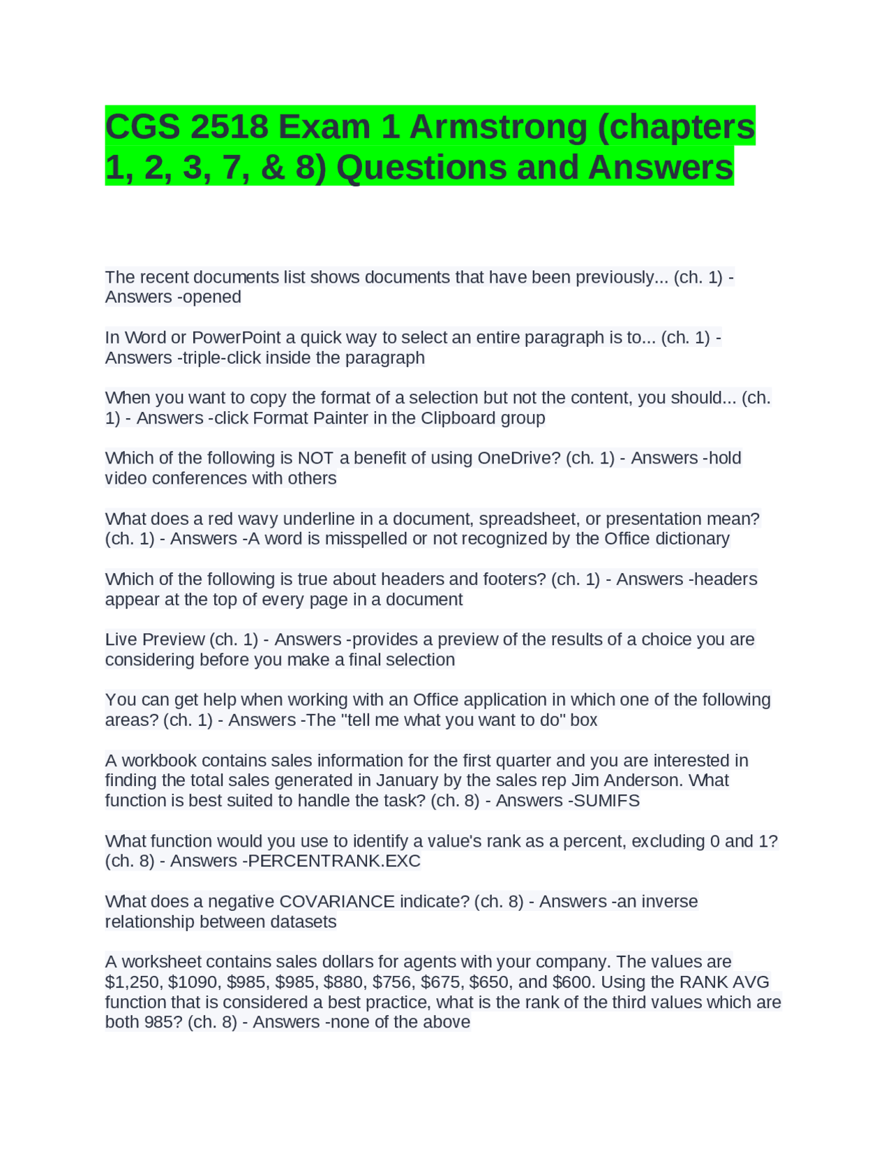CGS 2518 Exam 1 Armstrong (Chapters 1, 2, 3, 7, & 8) Questions and ...