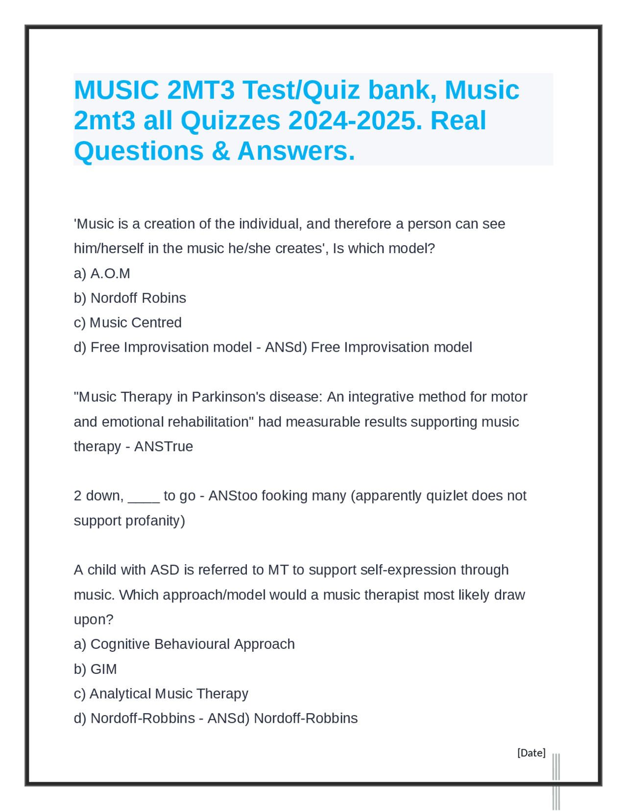 MUSIC 2MT3 Test/Quiz bank, Music 2mt3 all Quizzes 2024-2025. Real ...