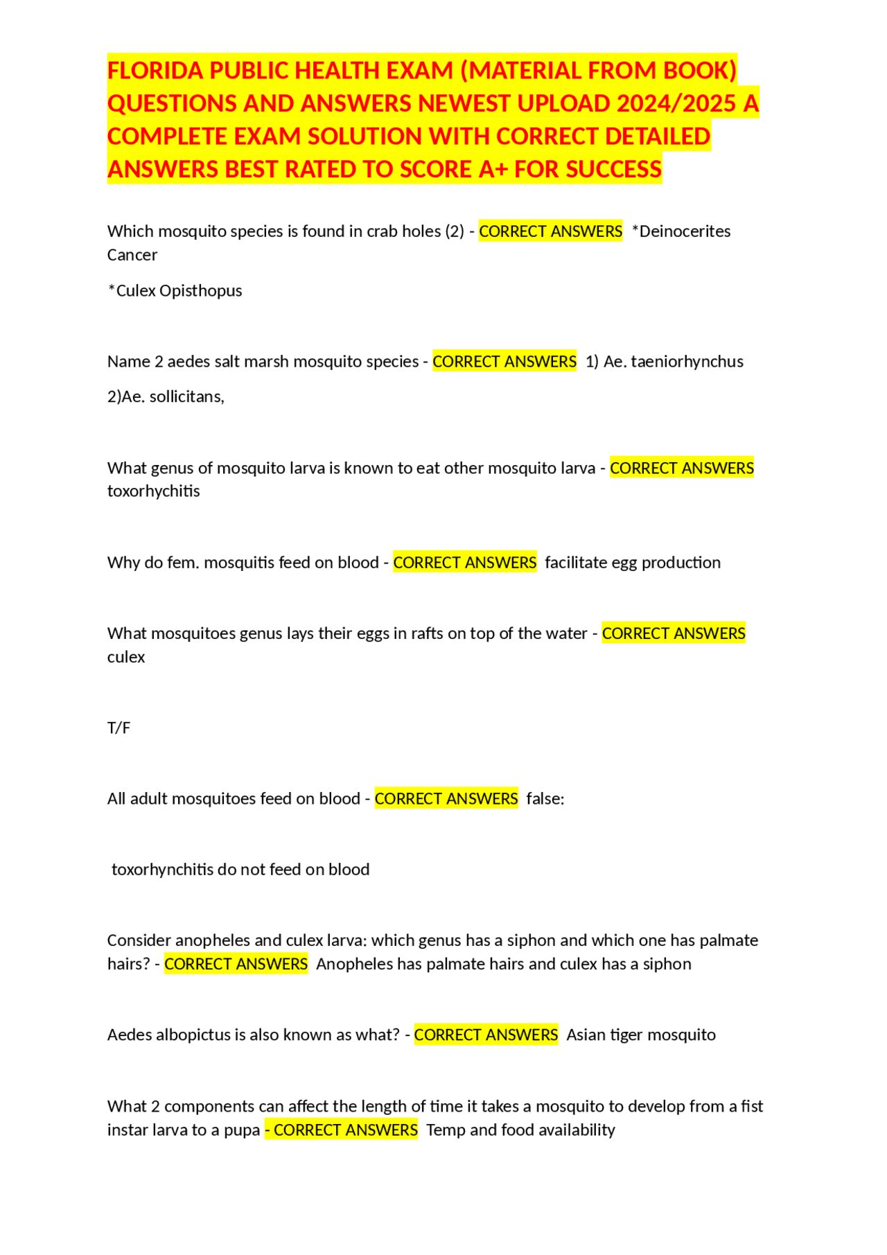 FLORIDA PUBLIC HEALTH EXAM (MATERIAL FROM BOOK) QUESTIONS AND ANSWERS ...