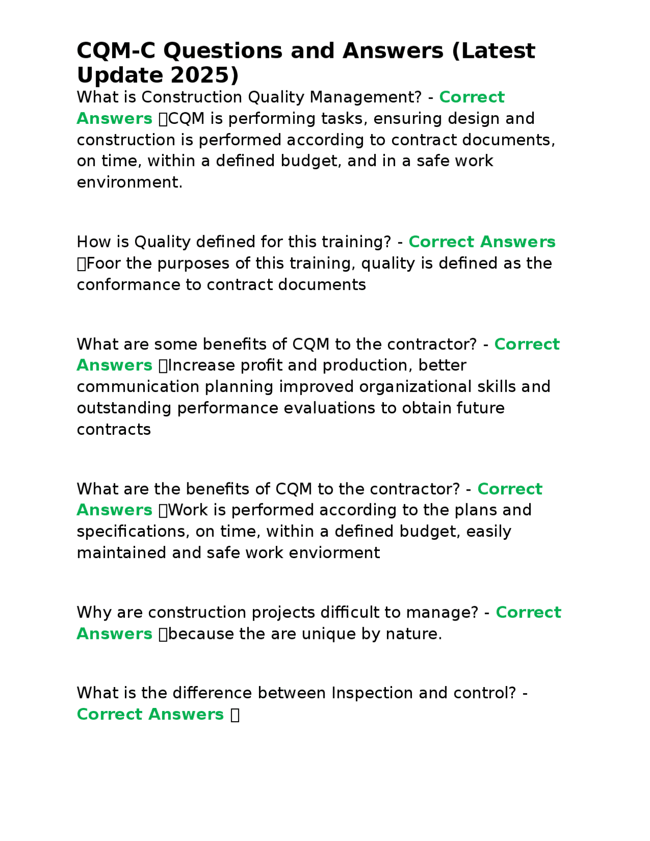 CQM-C Questions and Answers (Latest Update 2025) | Exams Nursing | Docsity